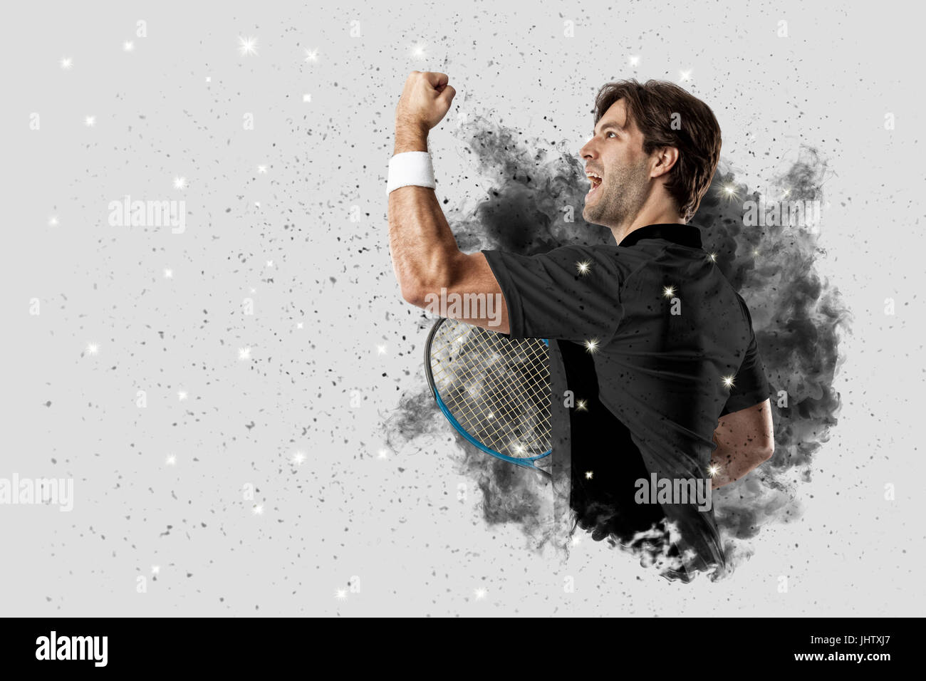 Tennis Player with a black uniform coming out of a blast of smoke Stock ...
