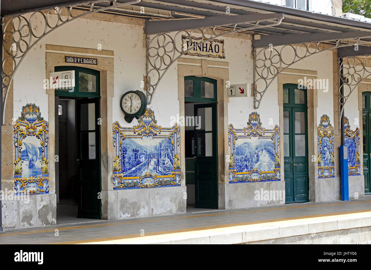 Azulejos painted blue tiles at the Pinhao train station Douro River ...