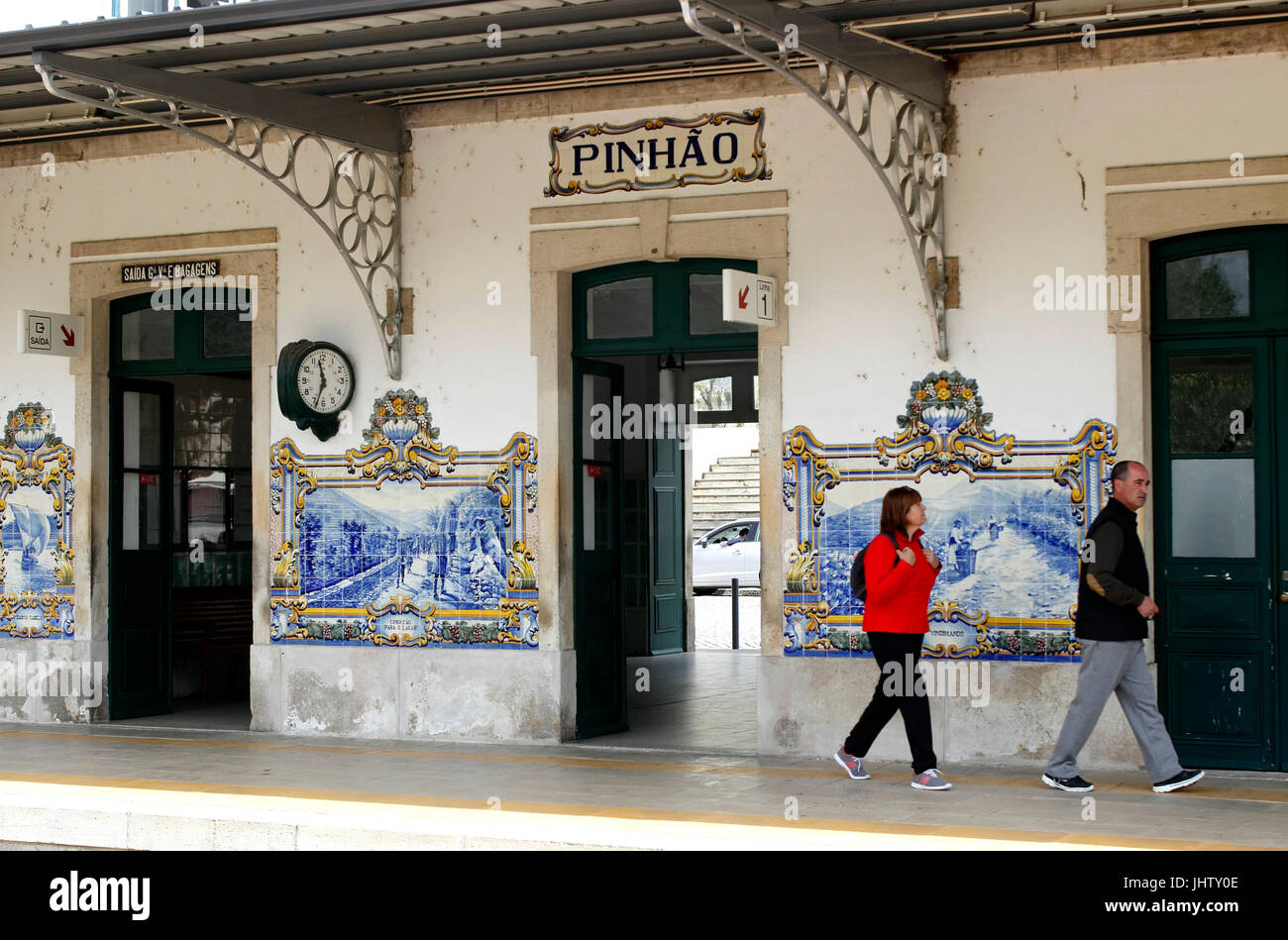 Azulejos painted blue tiles at the Pinhao train station Douro River ...