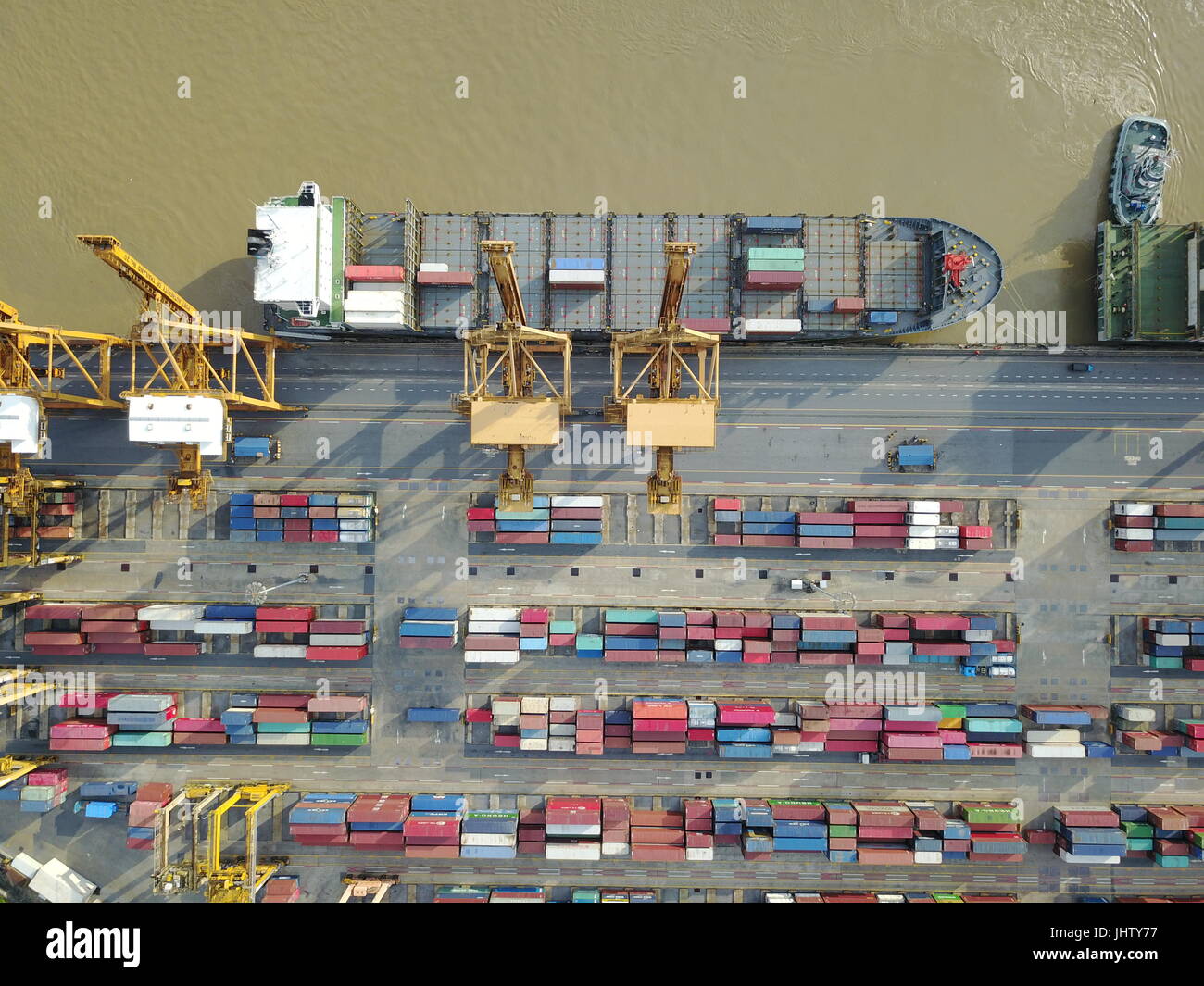 Aerial view of Industrial port with containers ship Stock Photo - Alamy