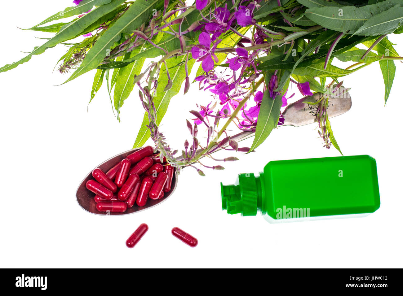 Homeopathy. Herbal capsules, medicinal plants on white background ...
