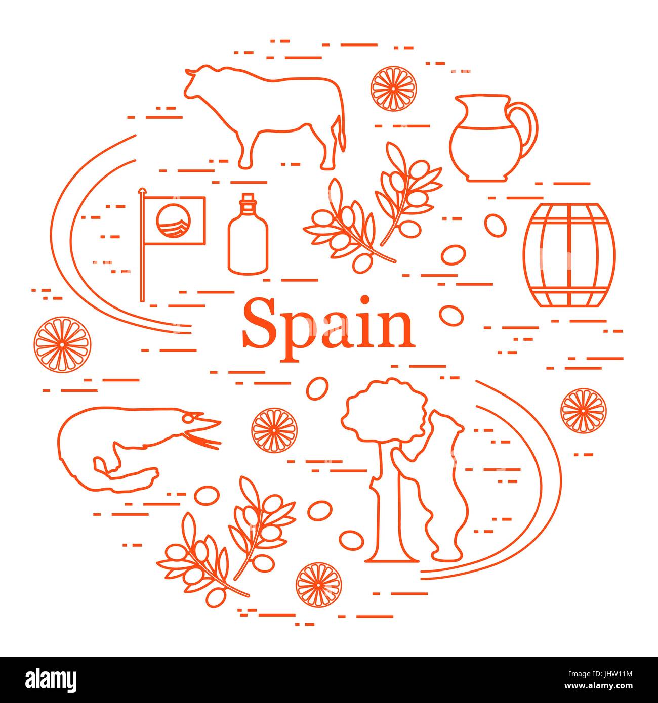 Vector illustration with various symbols of Spain arranged in a circle ...