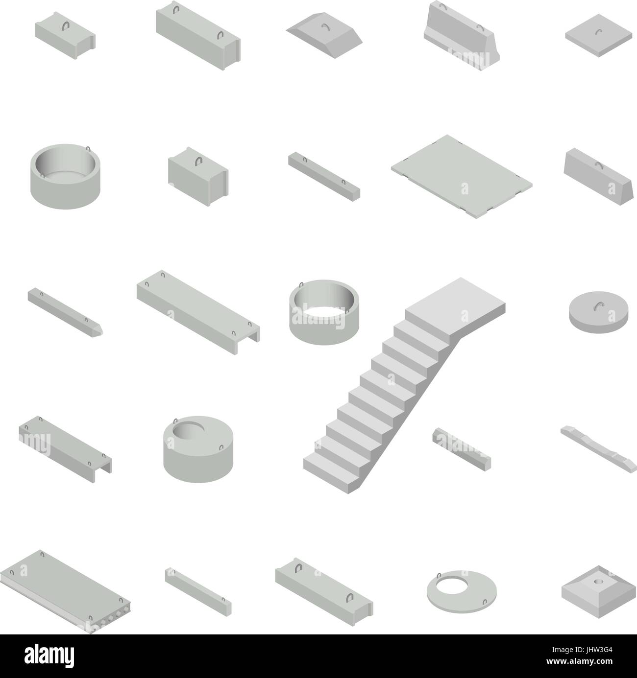 Big set of iron concrete products isometric view, isolated on white ...