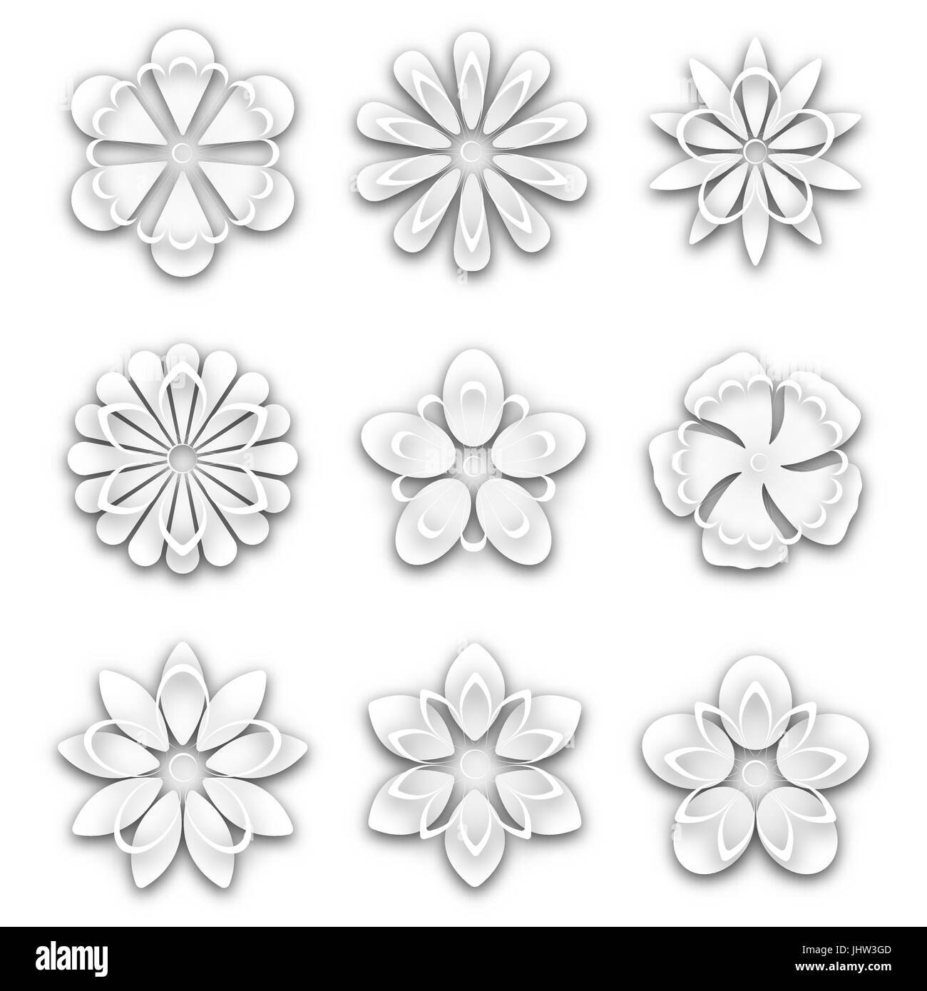 Set of white paper flower buds different shapes, isolated on white ...