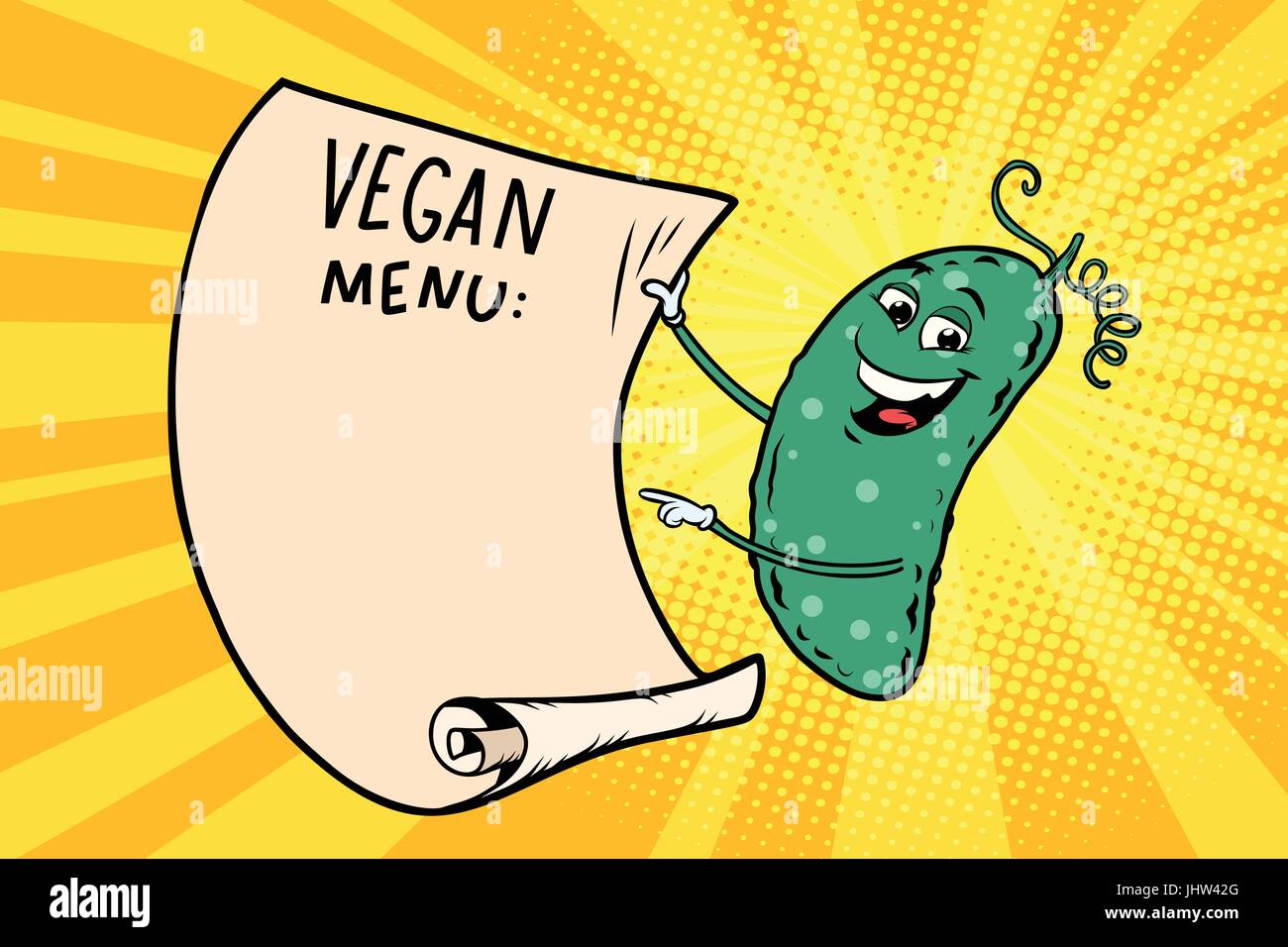 Vegetarian menu announces cucumber. Retro comic book style cartoon pop ...