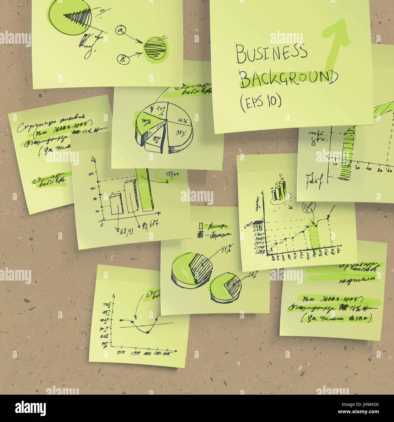 Yellow sticky notes with business infographics on cork board, closeup ...