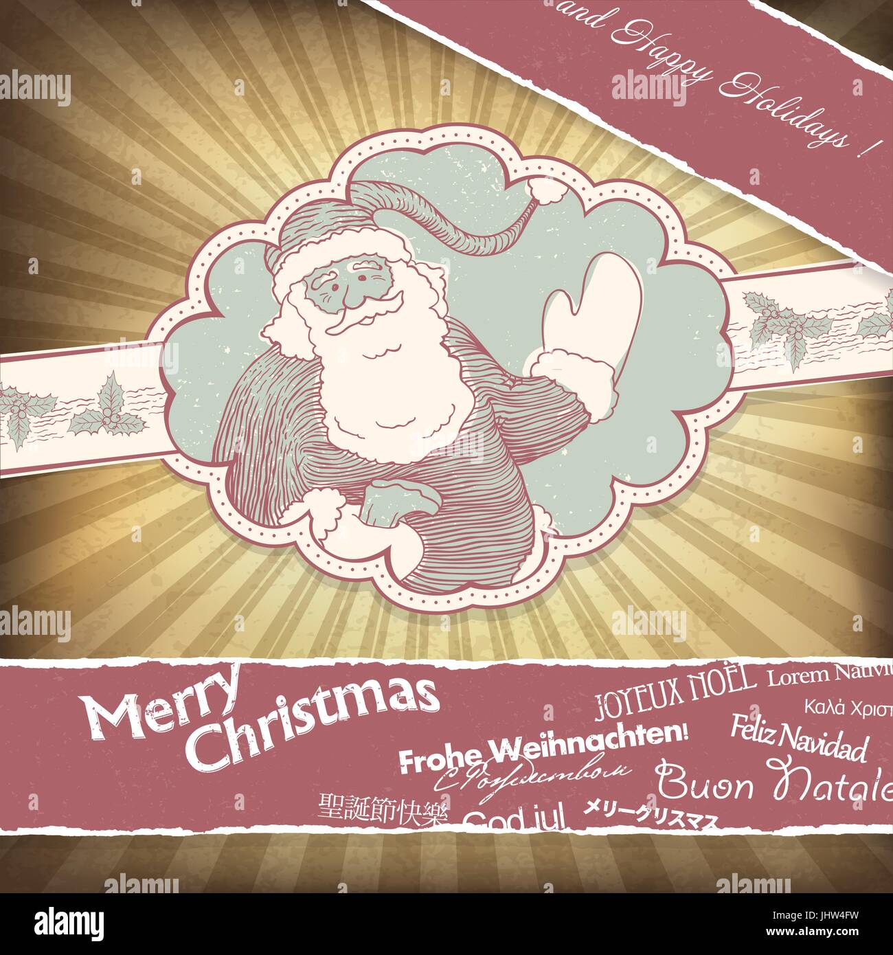Retro Santa Claus greetings in different languages. Christmas ...
