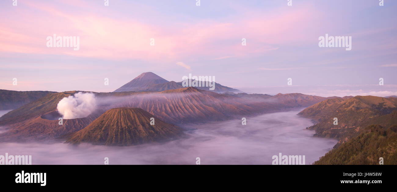 Panoramic view of Mount Bromo and Mount Semeru active volcanos in East ...