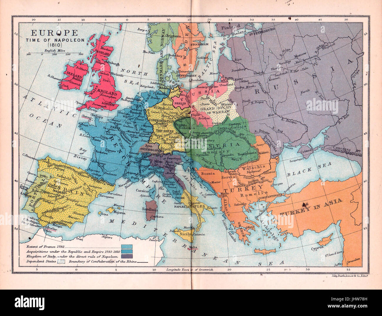 School atlas page - coloured map -Europe at time of Napoleon 1810 Stock ...