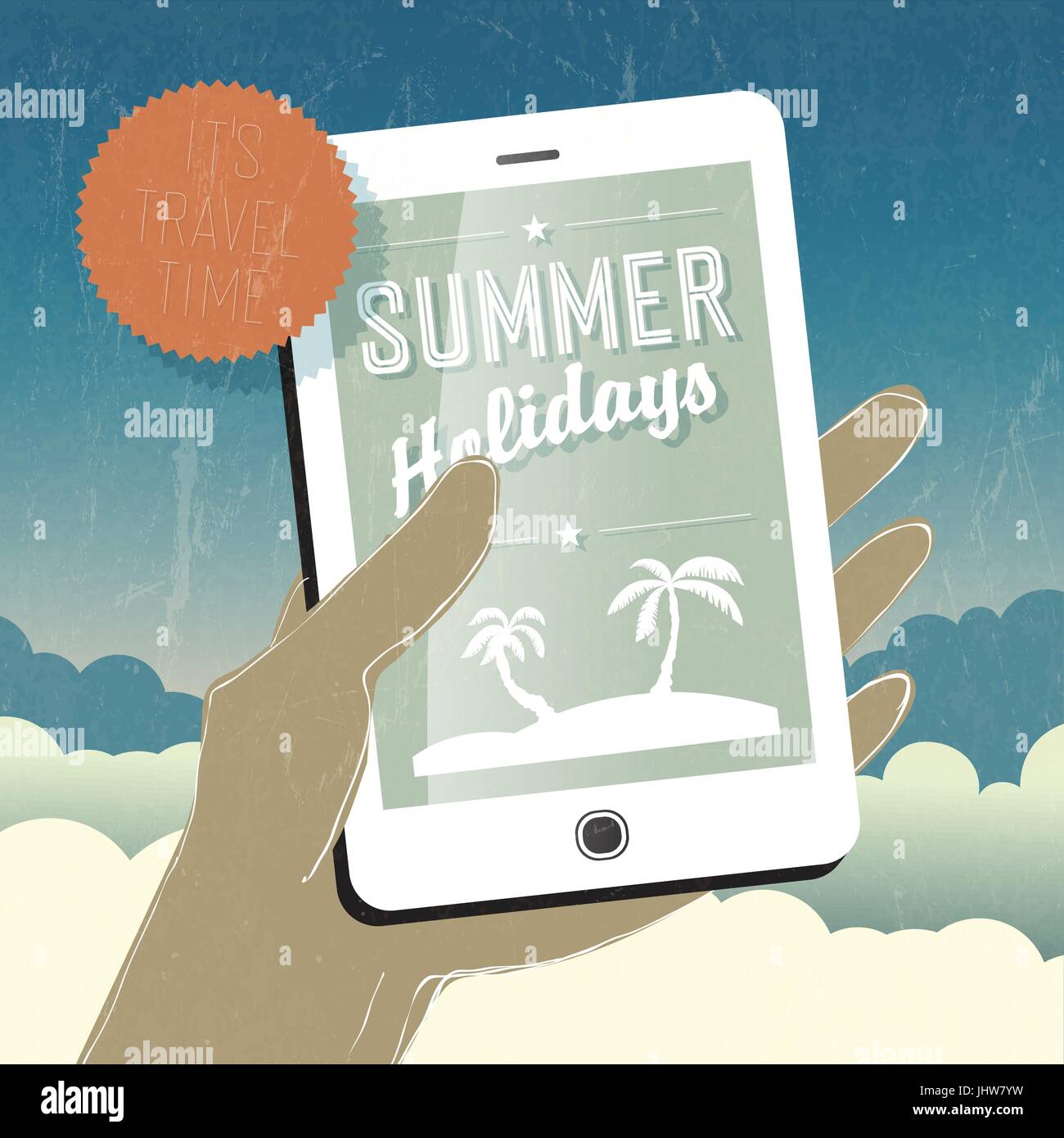 Summer holidays conceptual illustration. Smart phone in hand. Vector ...