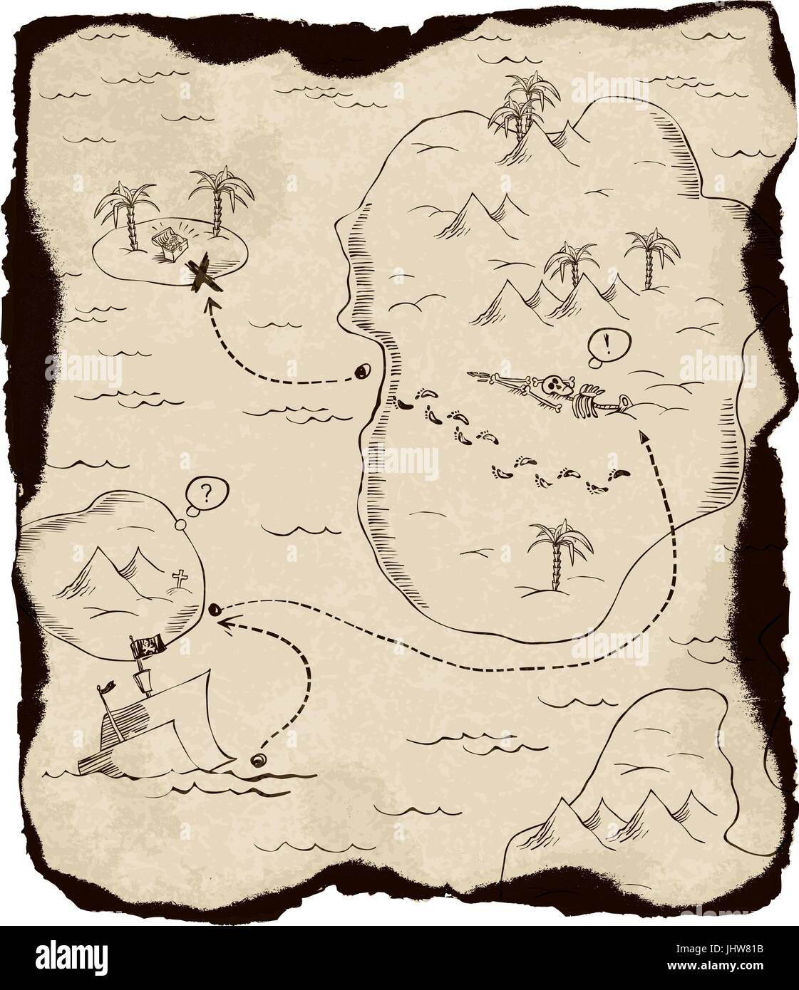 Old treasure map with burned edges. On white background, vector ...