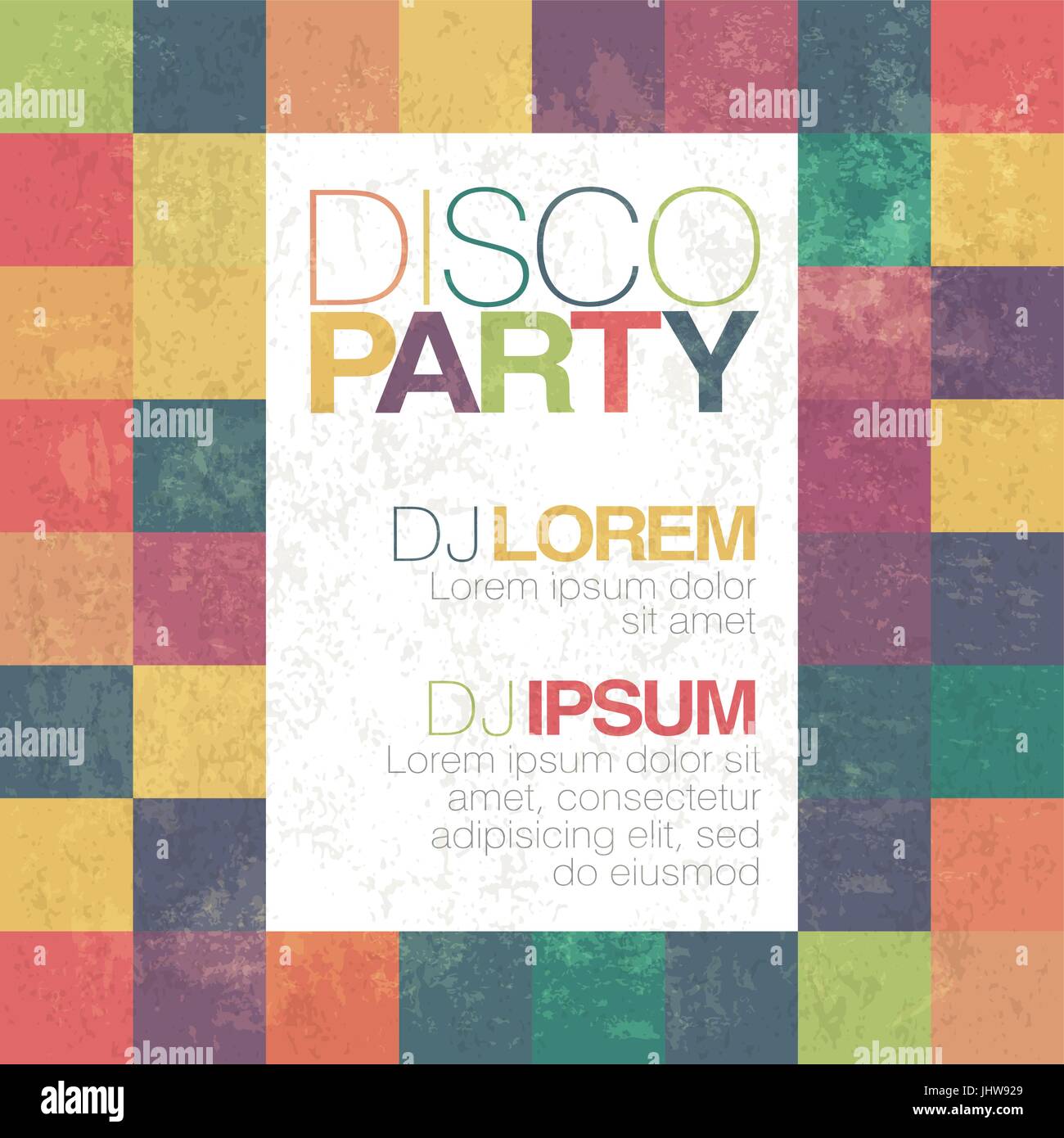 Disco poster or flyer design vintage vector template on colorful squary ...