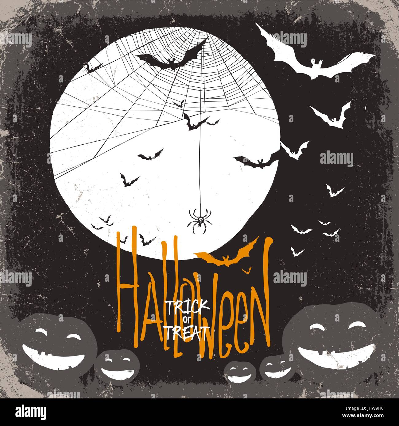 Halloween vector illustration. Spider web, full moon and pumpkins and ...