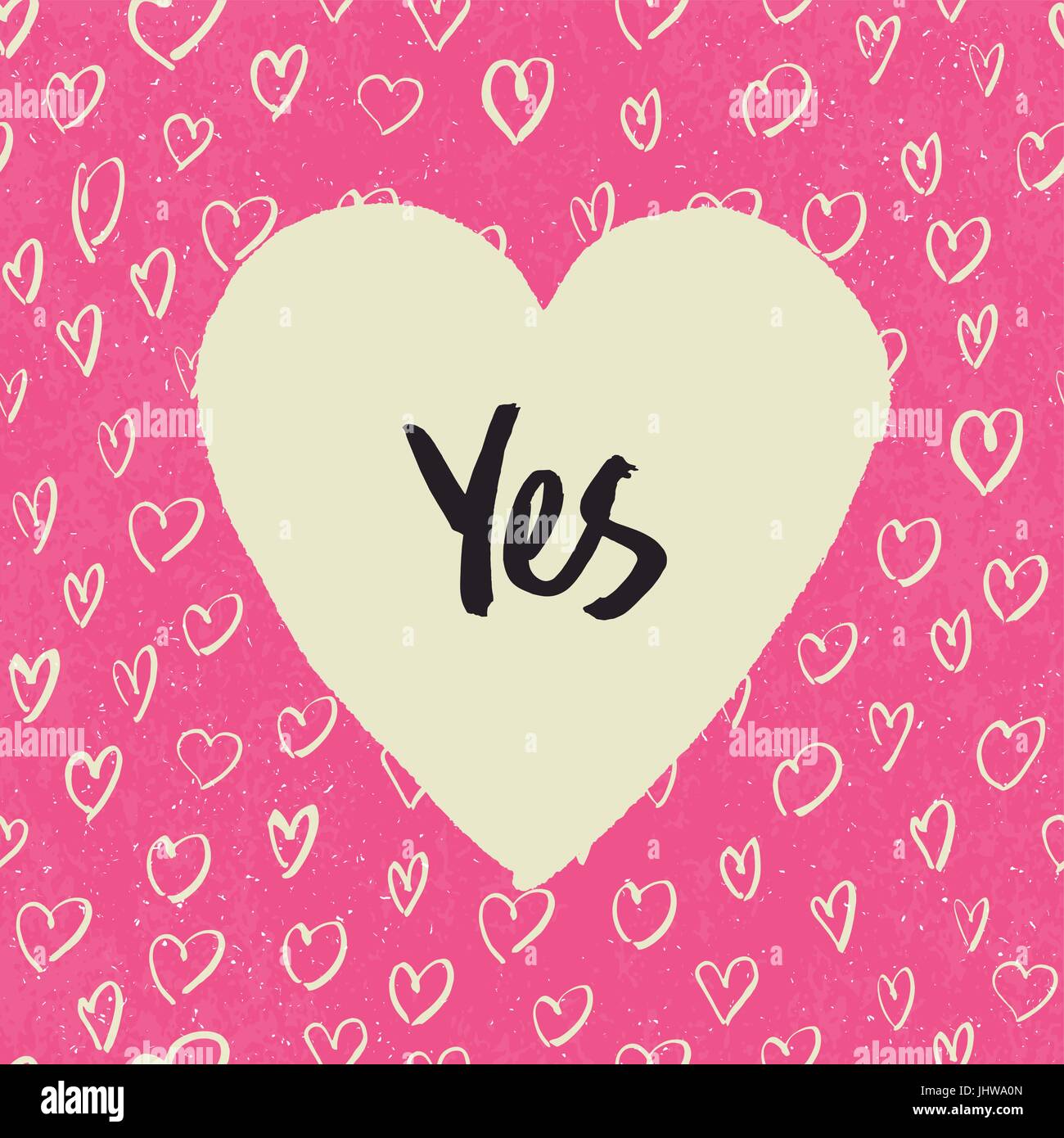 'Yes'. Handwritten letters in heart shape. On hearts pattern. Pink ...