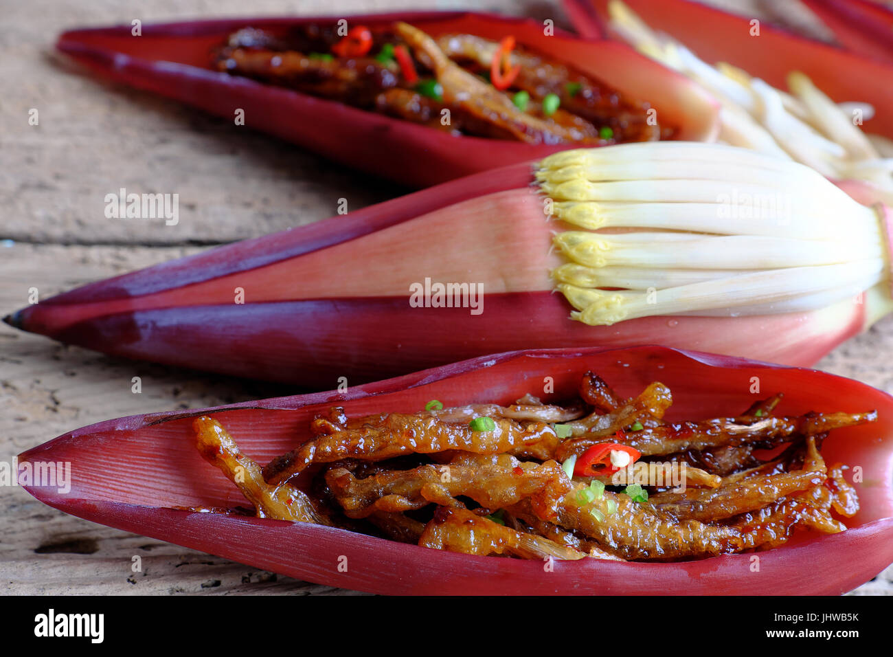 Vegetarian food processing from banana flower, roll young banana fruit ...