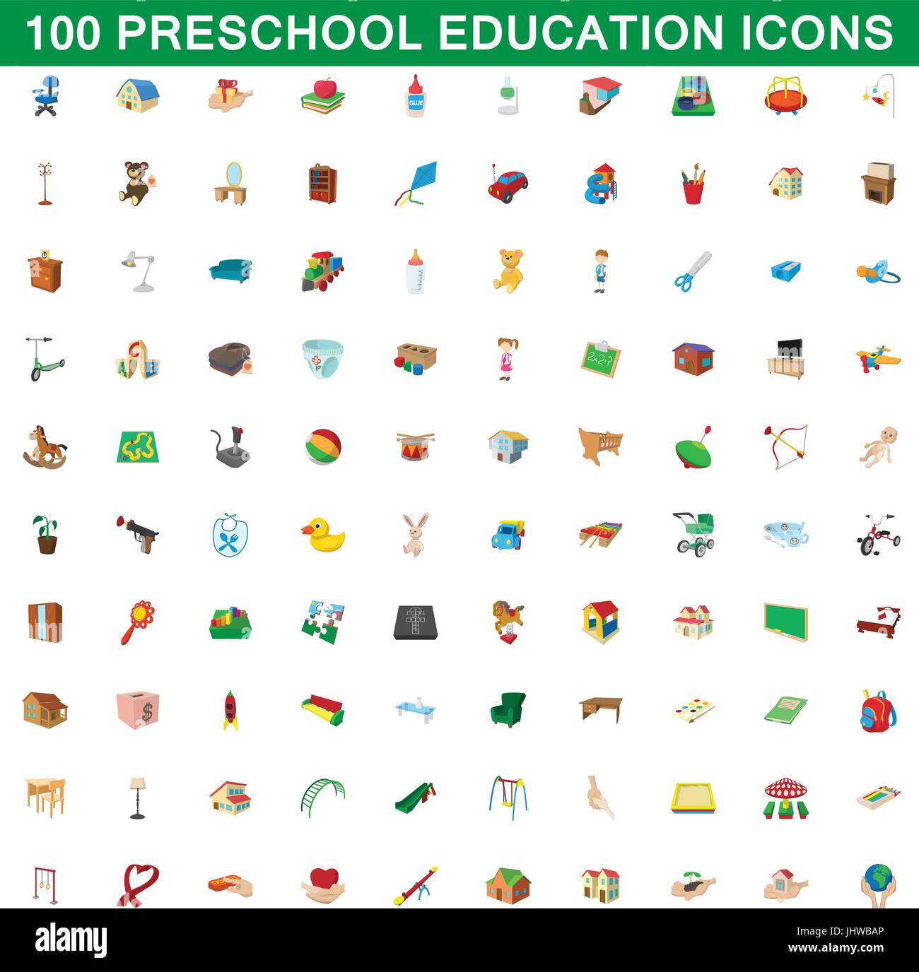 100 preschool education icons set, cartoon style Stock Vector Image ...
