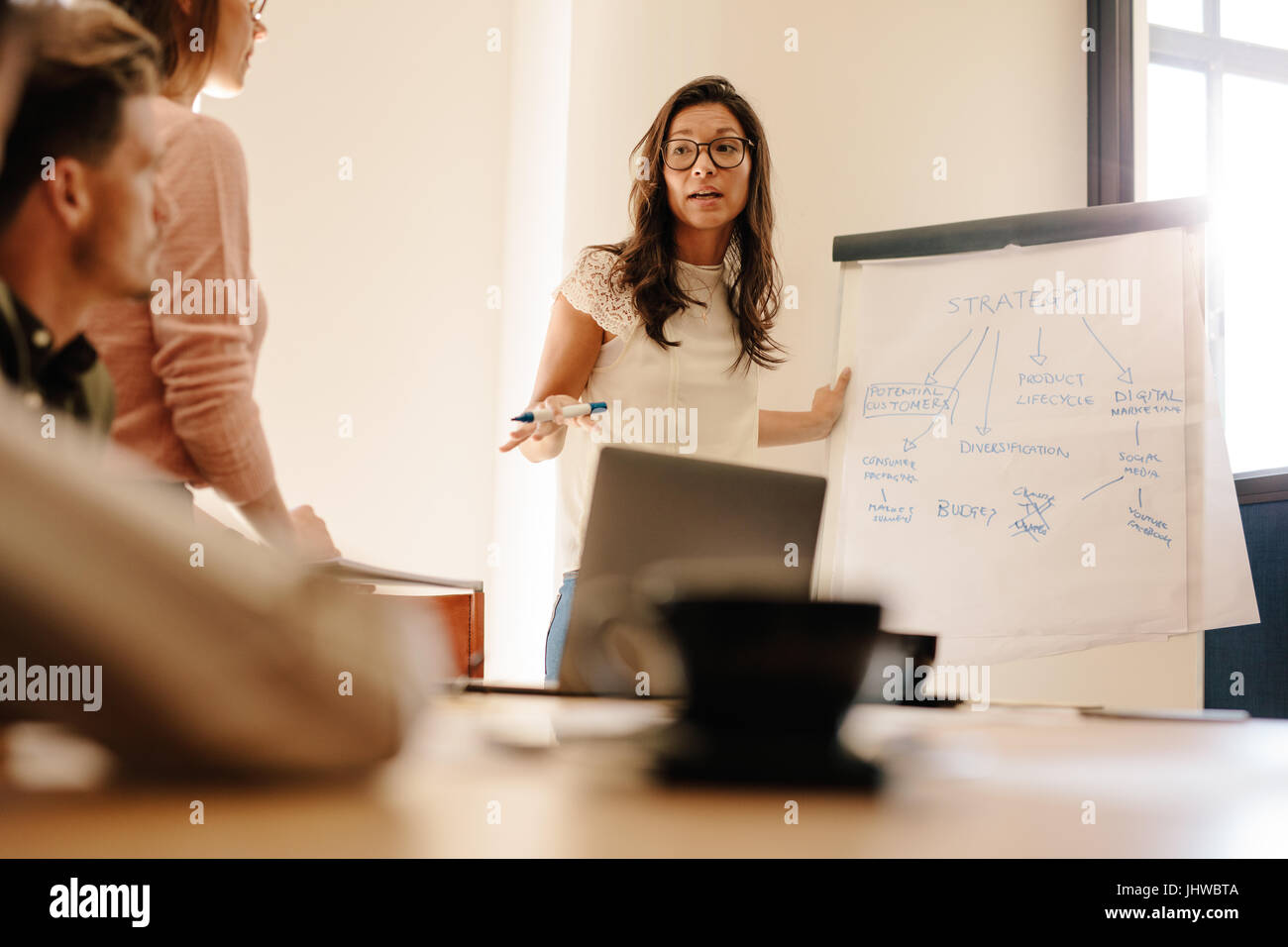 Female manager discussing new business strategy with team in conference ...