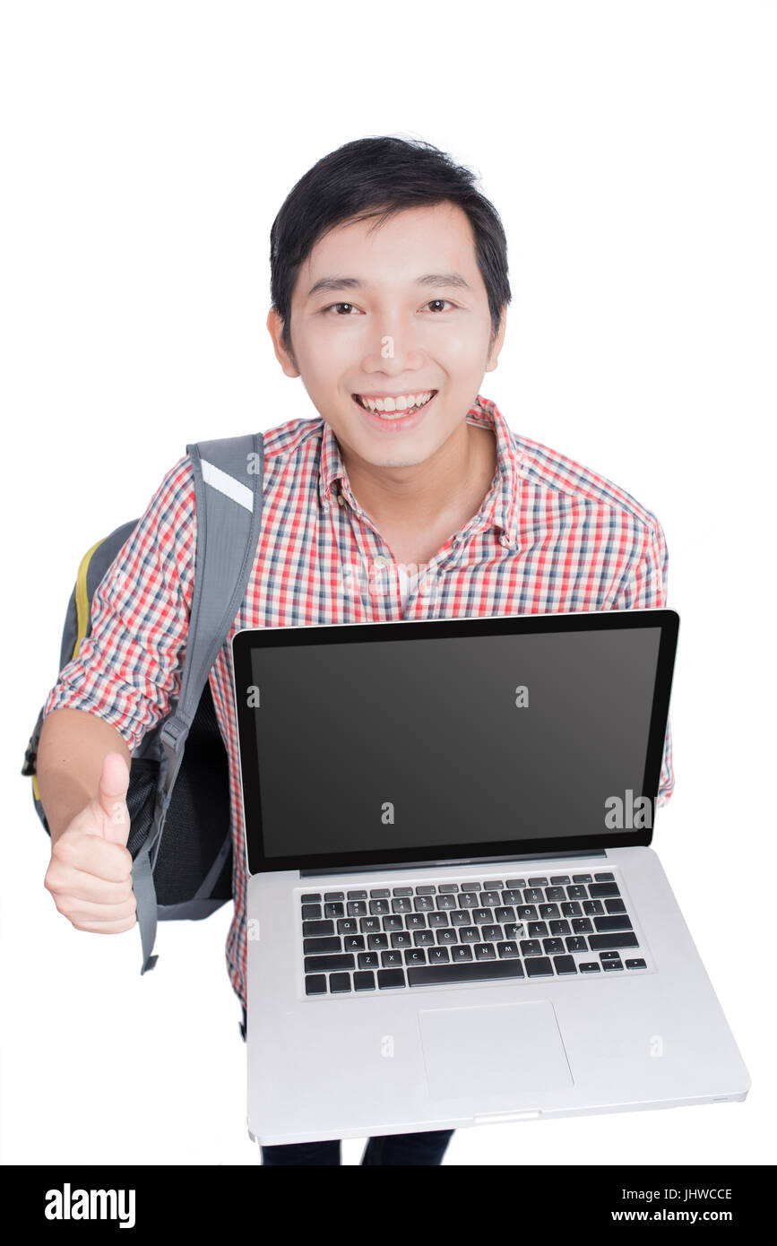 Portrait of young asian student holding and showing screen laptop Stock ...