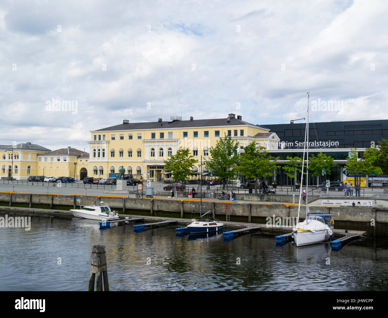 View across River Nidelva to Trondheim central railway and Bus station ...