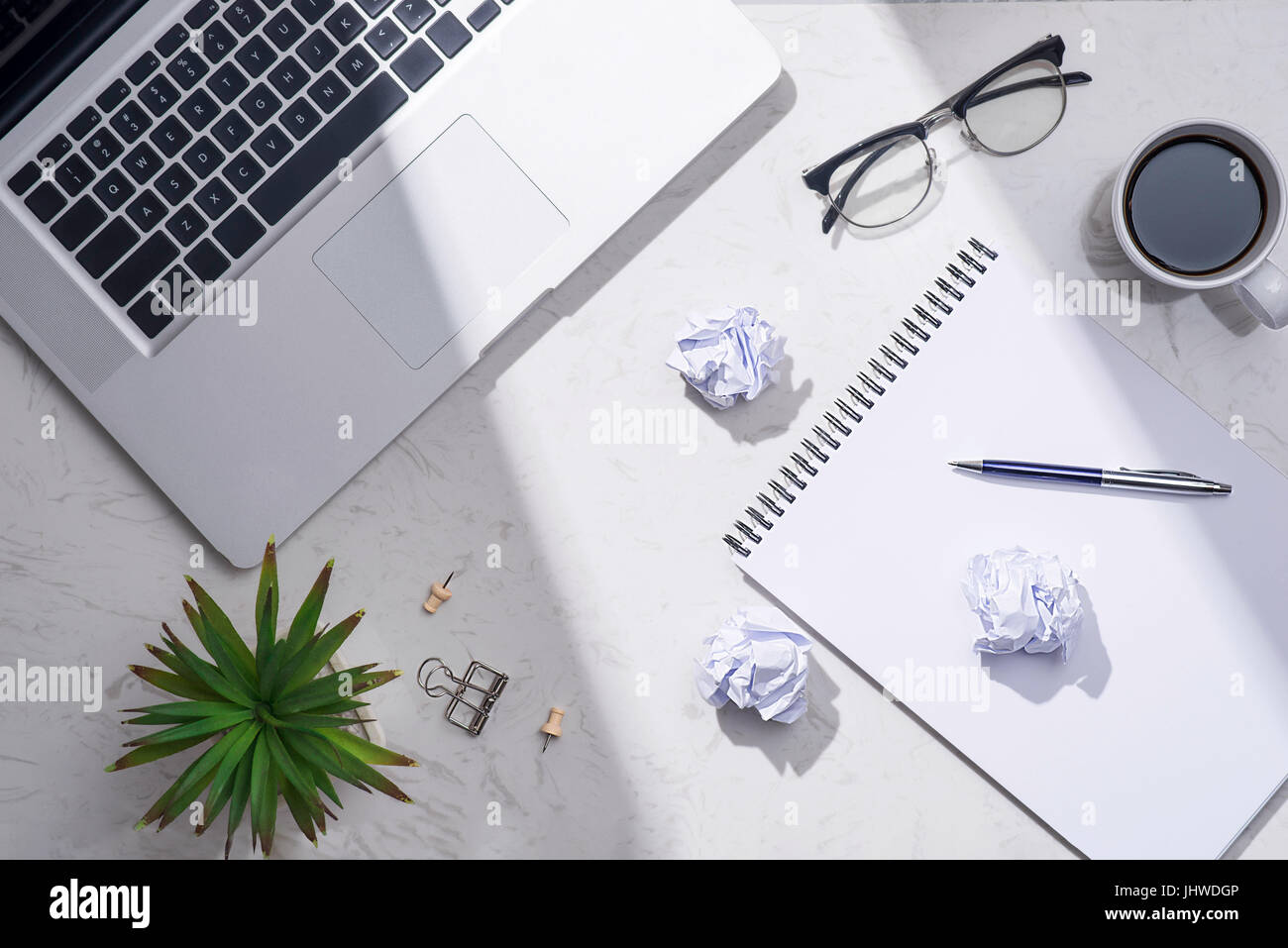 Flat lay, top view of open notebook waiting for idea Stock Photo - Alamy