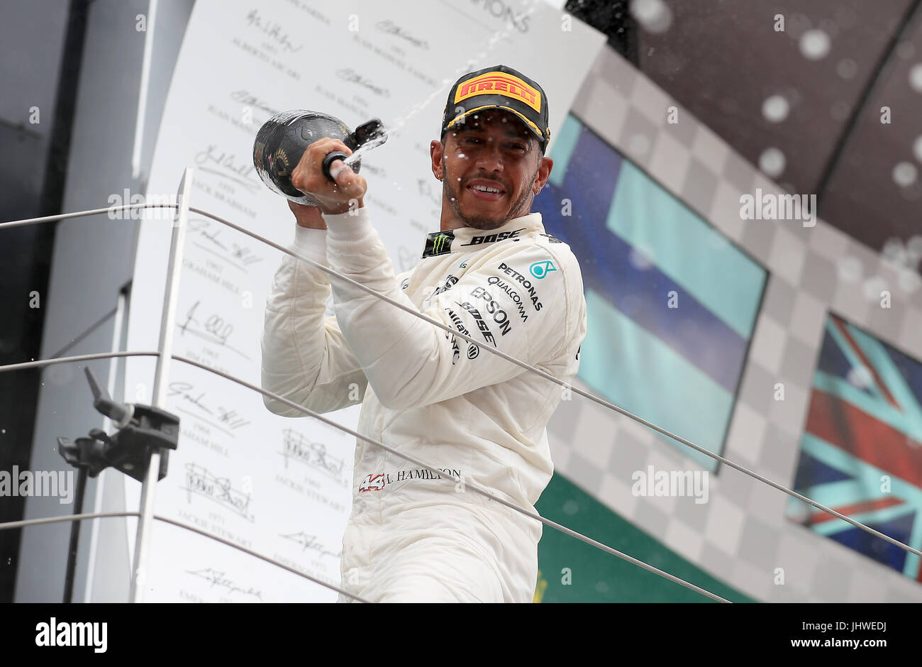 Mercedes' Lewis Hamilton celebrates his victory during the 2017 British ...