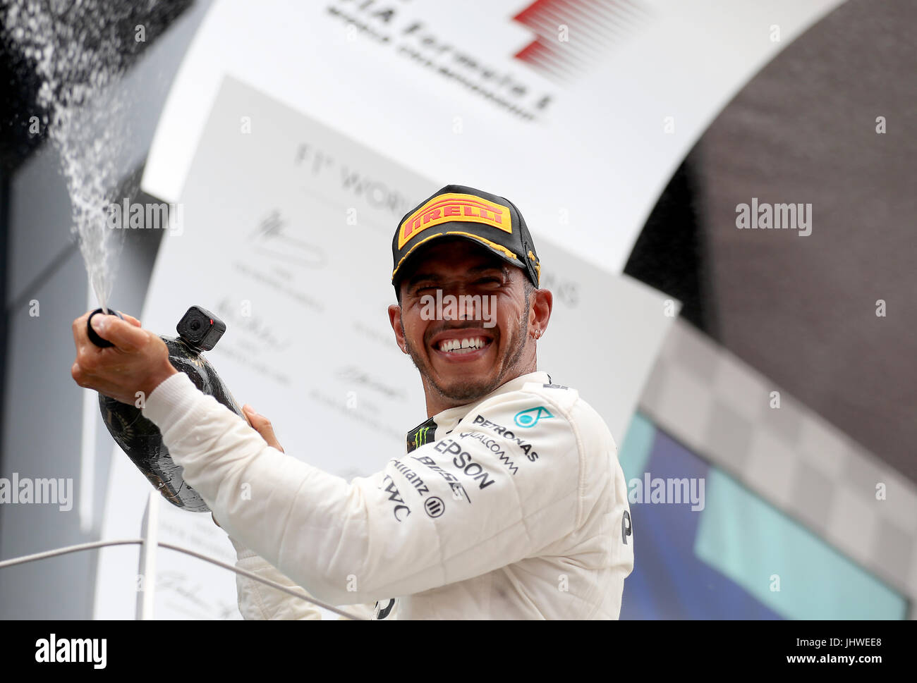 Mercedes' Lewis Hamilton celebrates his victory during the 2017 British ...