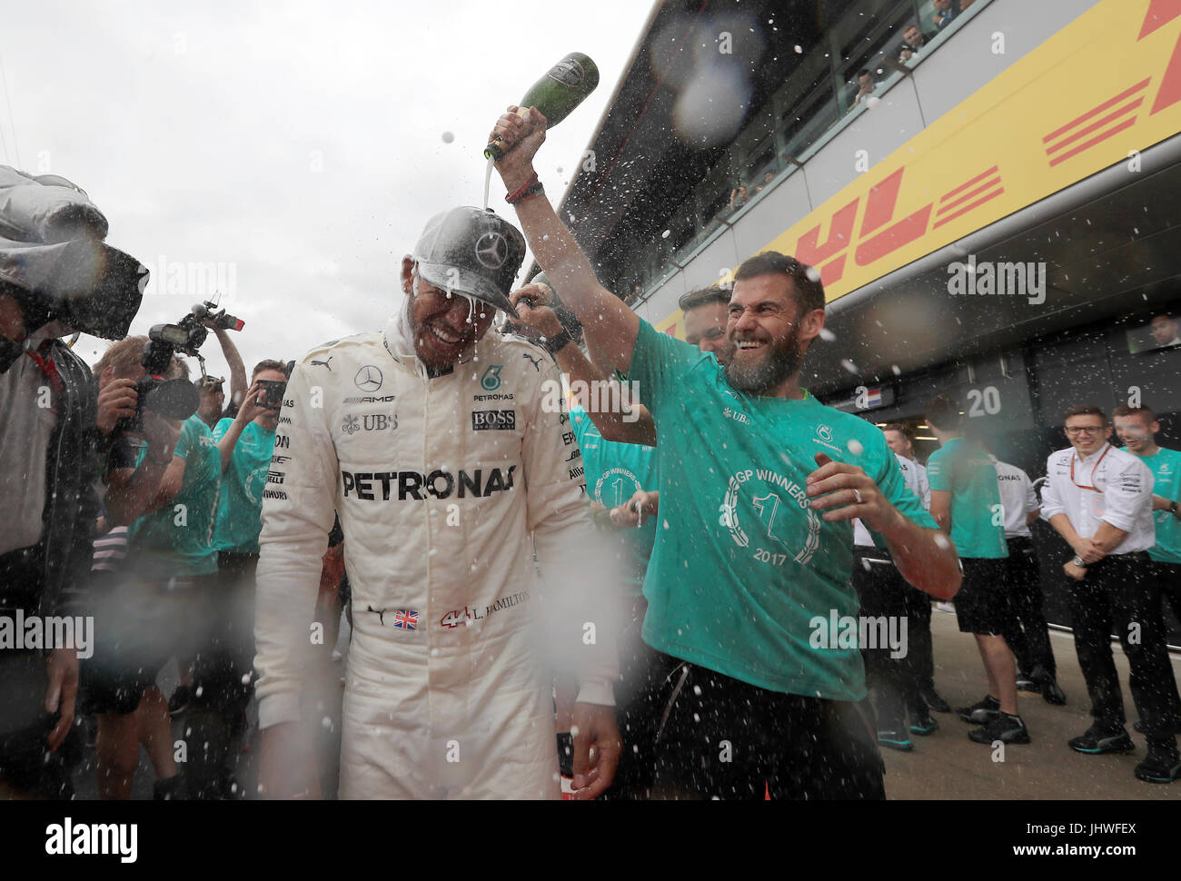 Mercedes' Lewis Hamilton celebrates his victory during the 2017 British ...