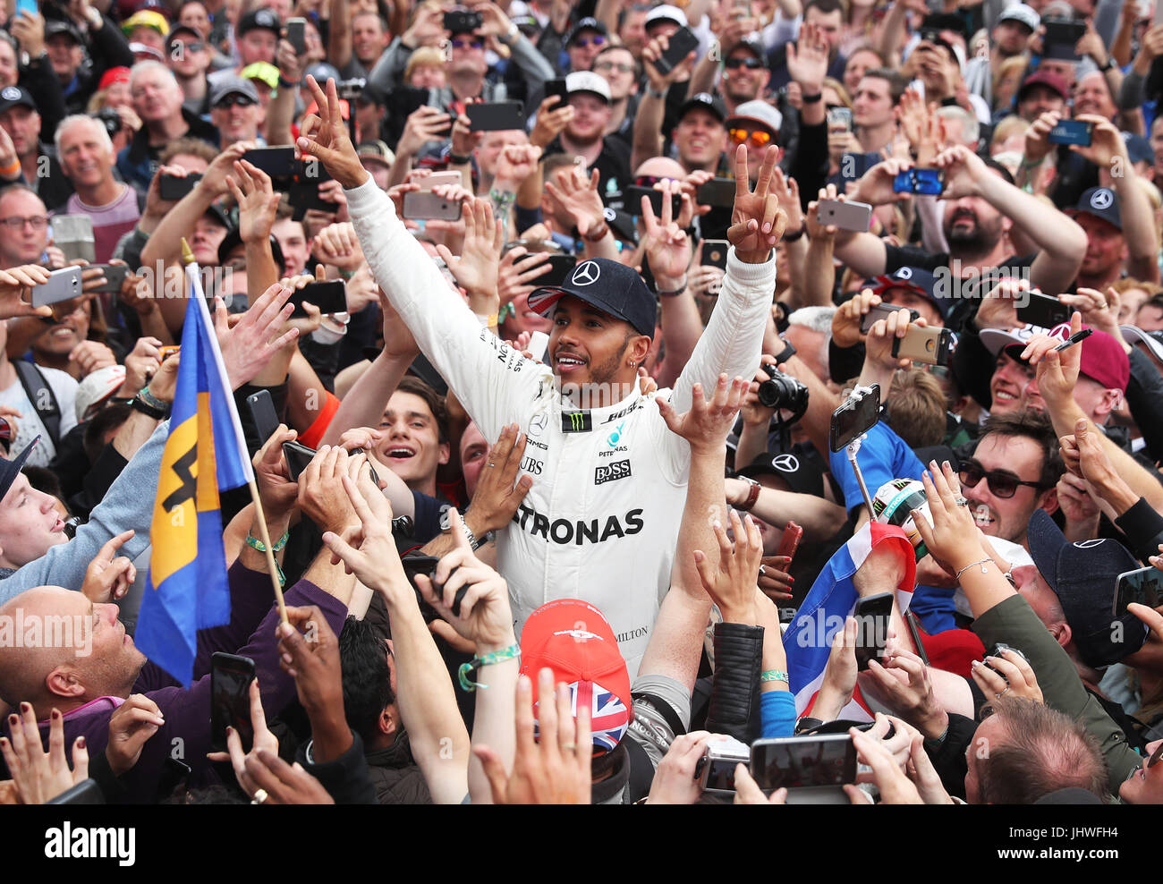Mercedes' Lewis Hamilton celebrates with the crowd after the 2017 ...