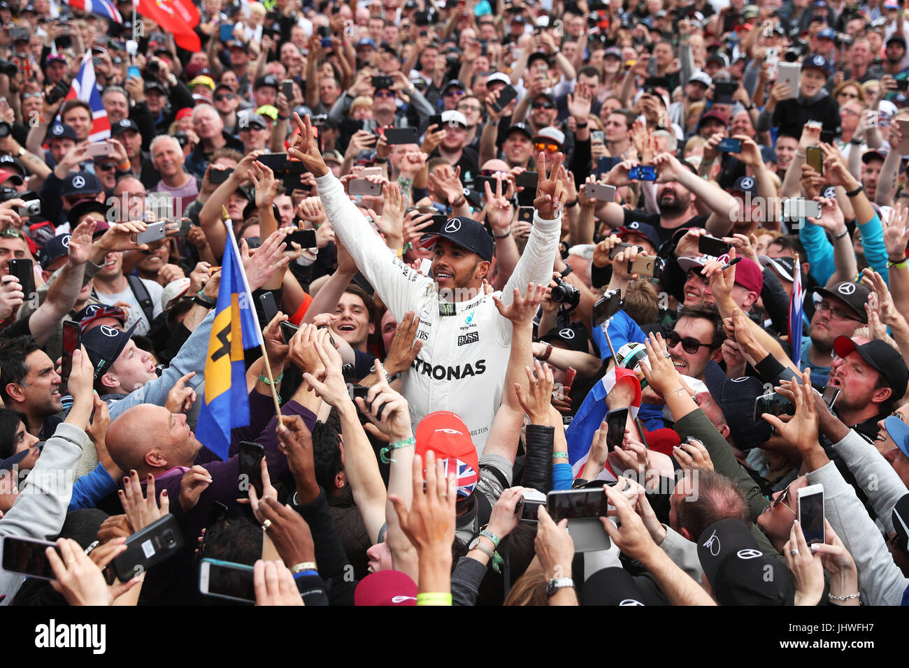 Mercedes' Lewis Hamilton celebrates with the crowd after the 2017 ...