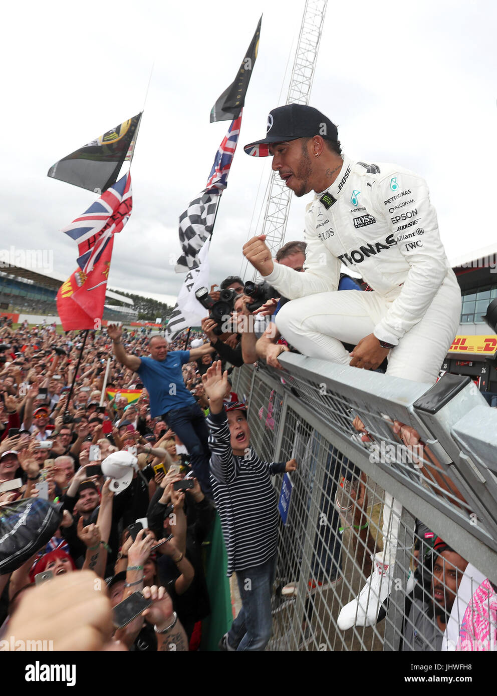 Mercedes' Lewis Hamilton celebrates with the crowd after the 2017 ...