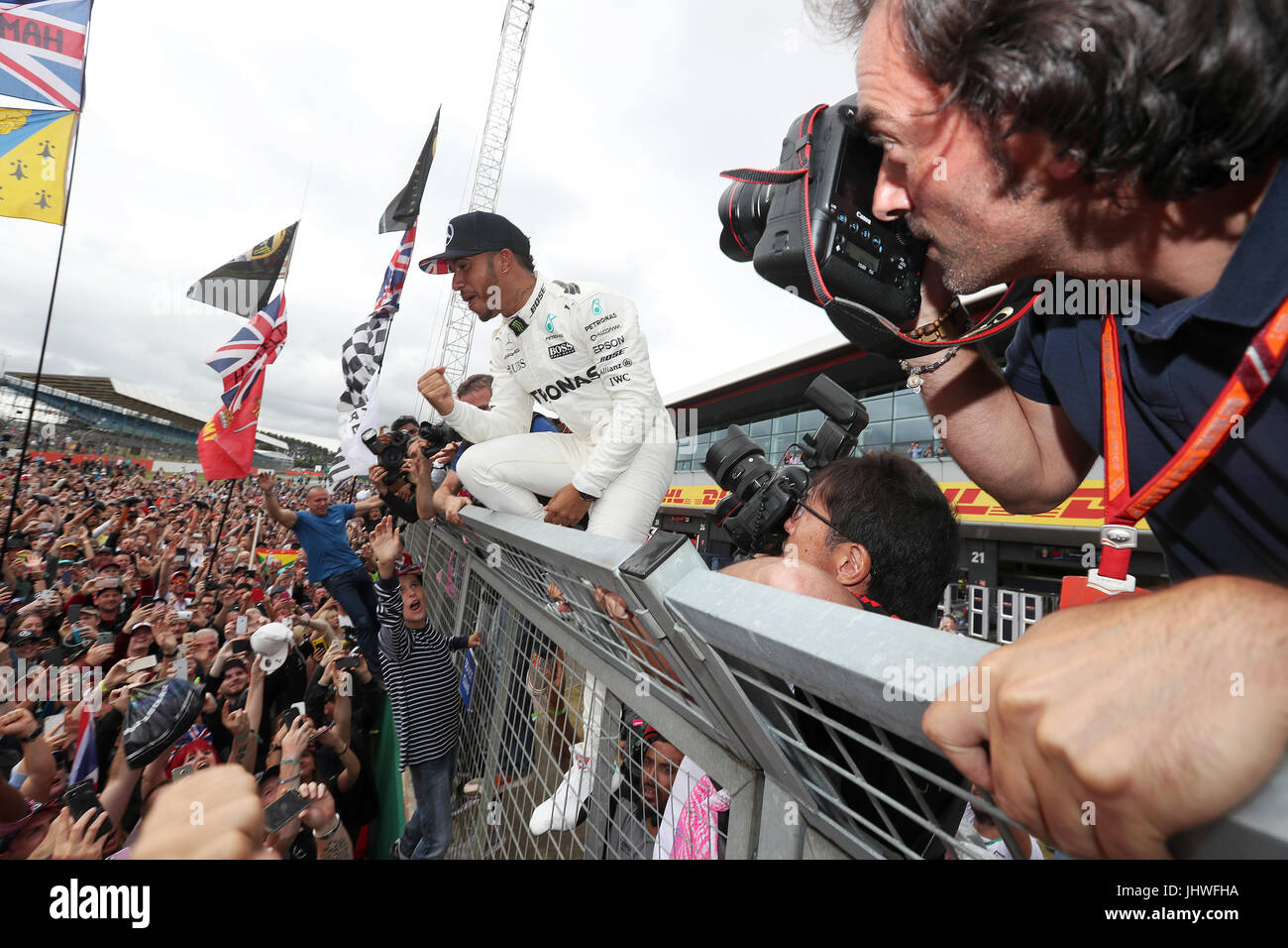 Mercedes' Lewis Hamilton celebrates with the crowd after the 2017 ...