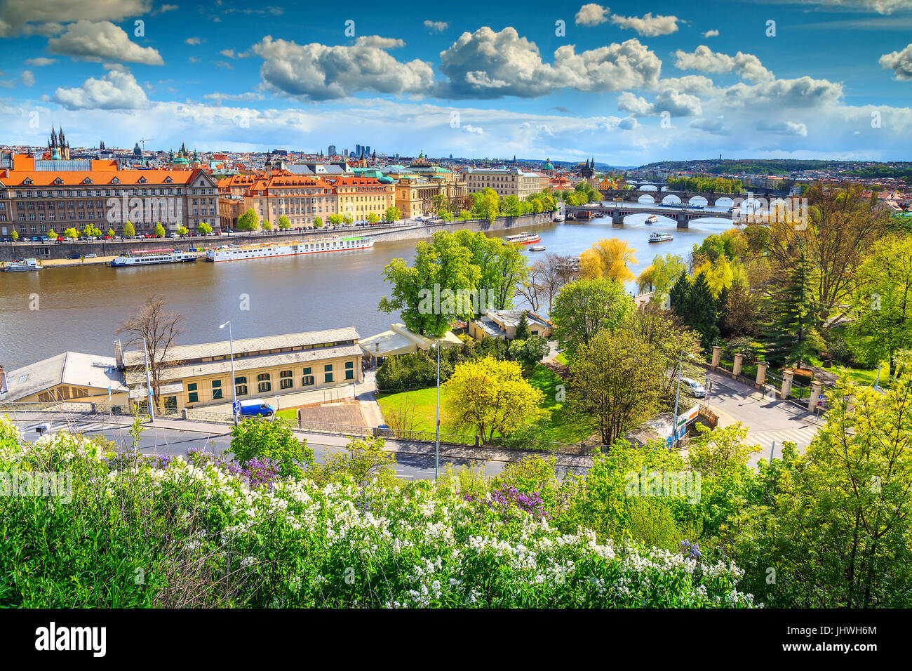 Breathtaking summer panorama landscape with Vltava river and old city ...