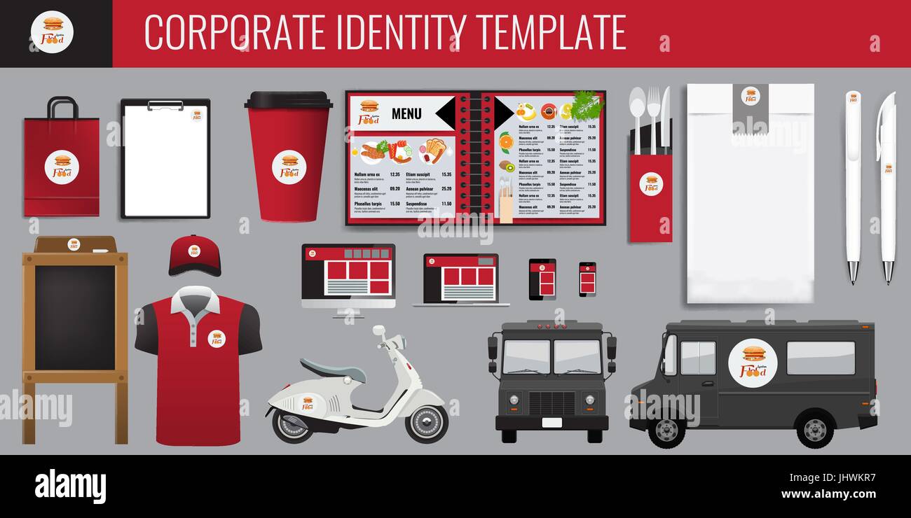Vector food corporate identity template design set. Red and black color ...