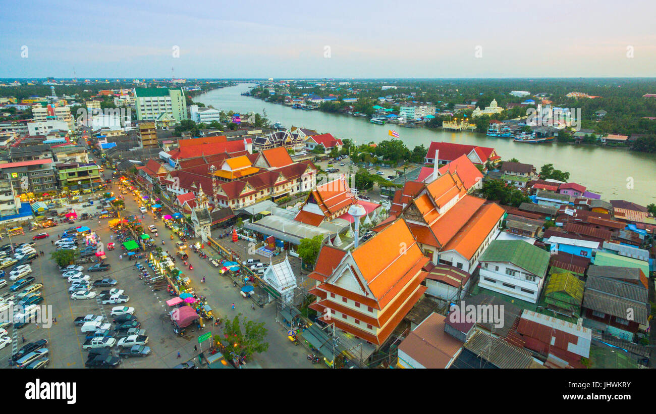 aerial photography Umbrella market Maeklong railway Market in sunset ...