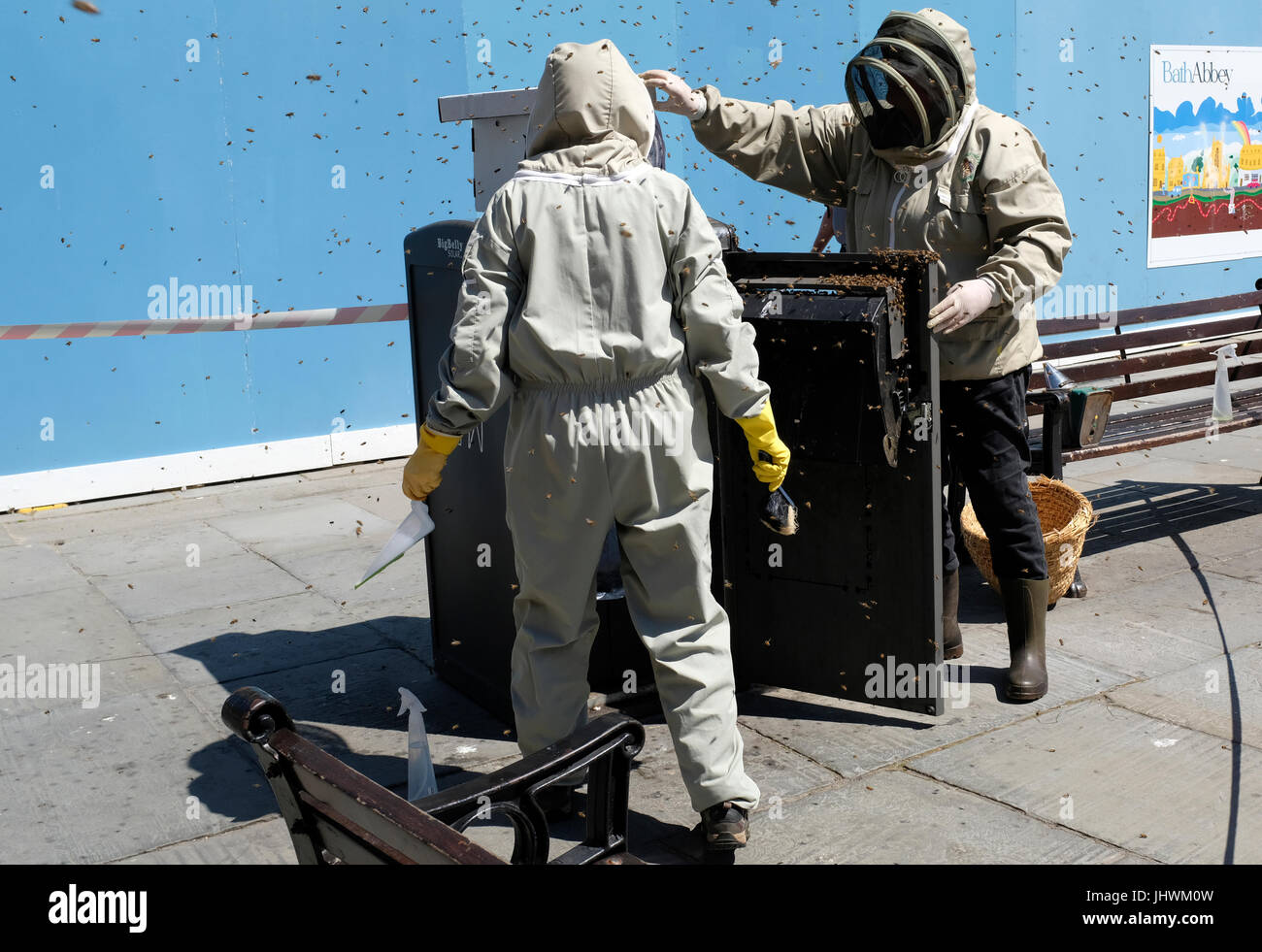 Beekeepers removing hive from garbage can in Bath, England Stock Photo ...
