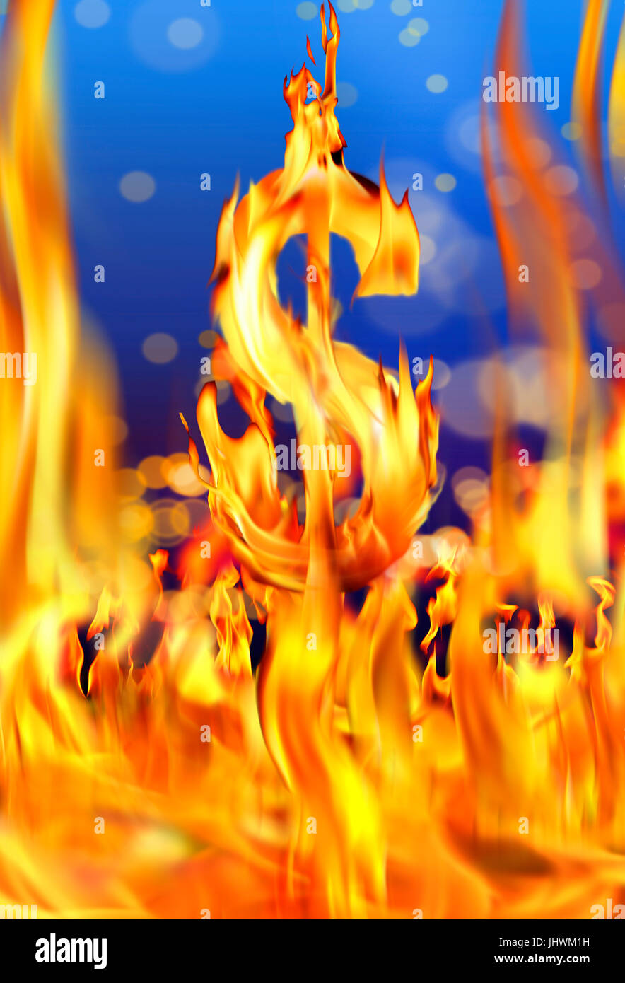 Conceptual image of burning dollar sign and fire flames Stock Photo - Alamy