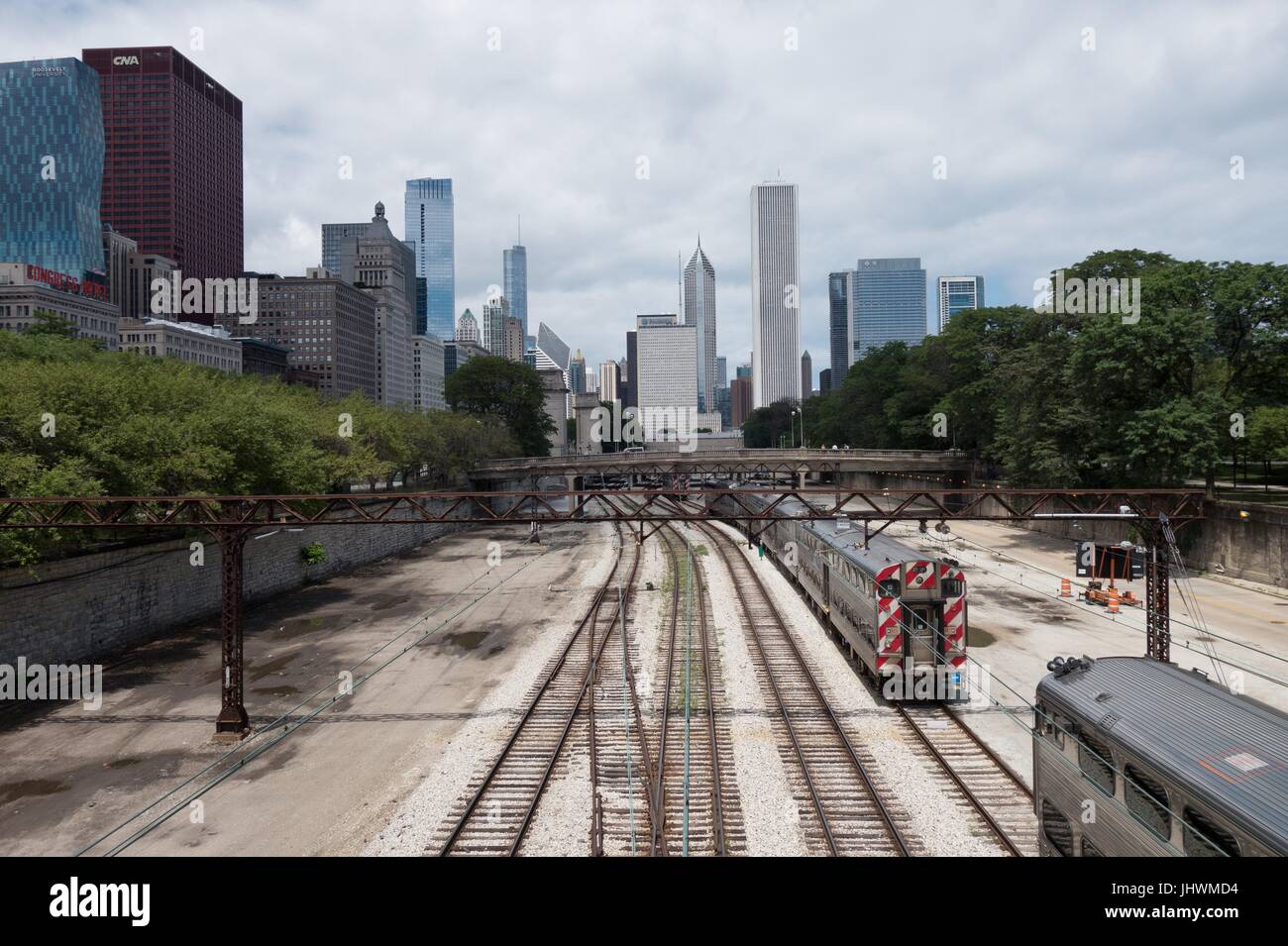 A view of the Chicago skyline, from a bridge over railroad tracks Stock ...