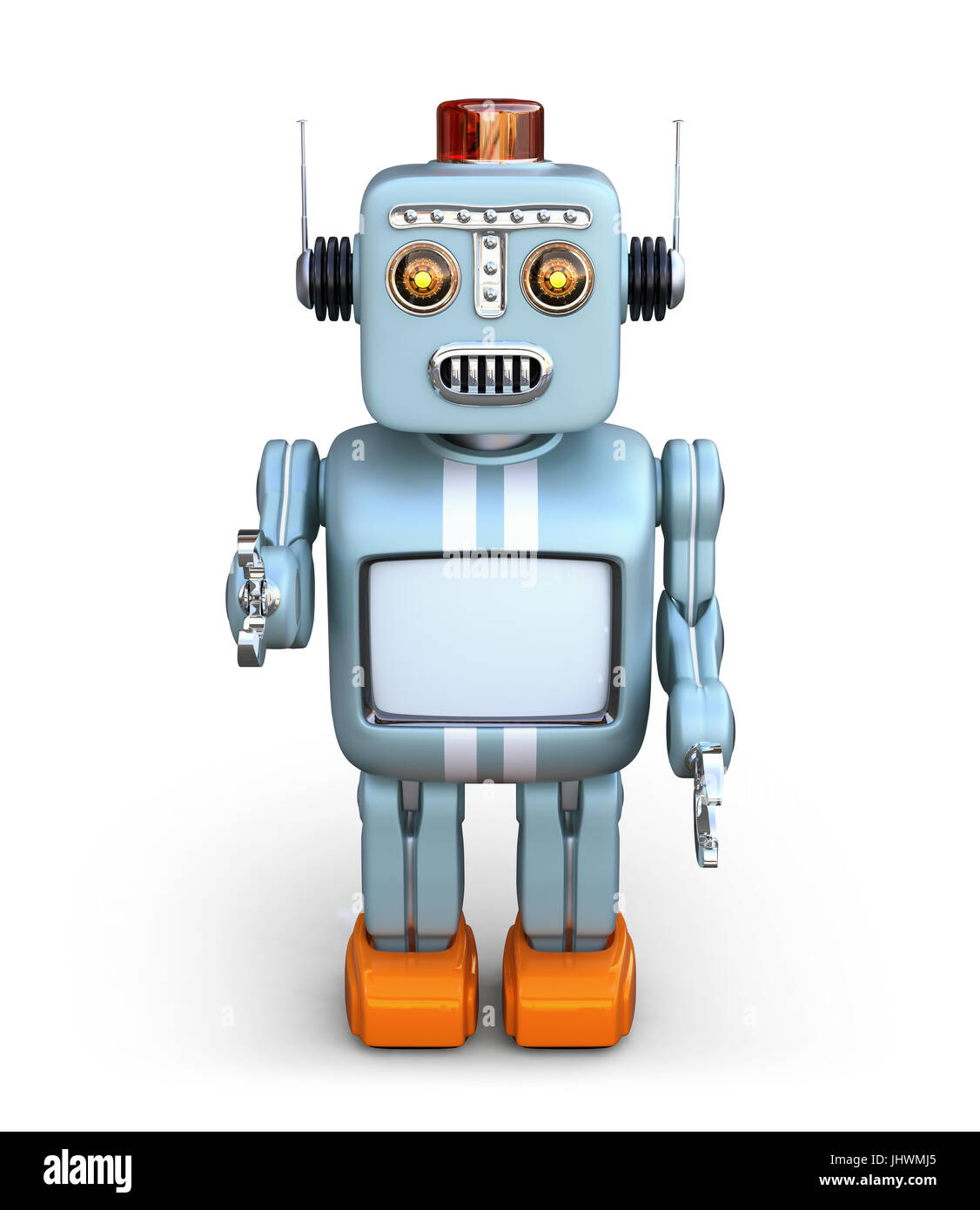 Cute retro robot looks up to the camera. 3D rendering image with ...