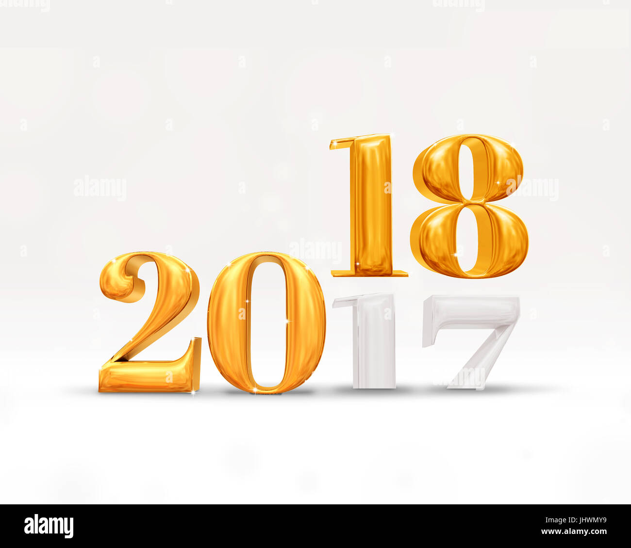 2017 year change to 2018 new year golden number (3d rendering) on white ...
