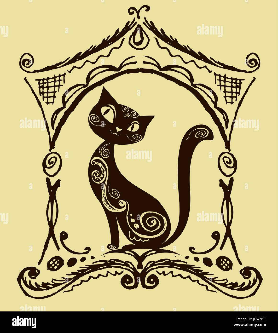 Cat with vintage ornament, silhouette, vector illustration Stock Vector ...