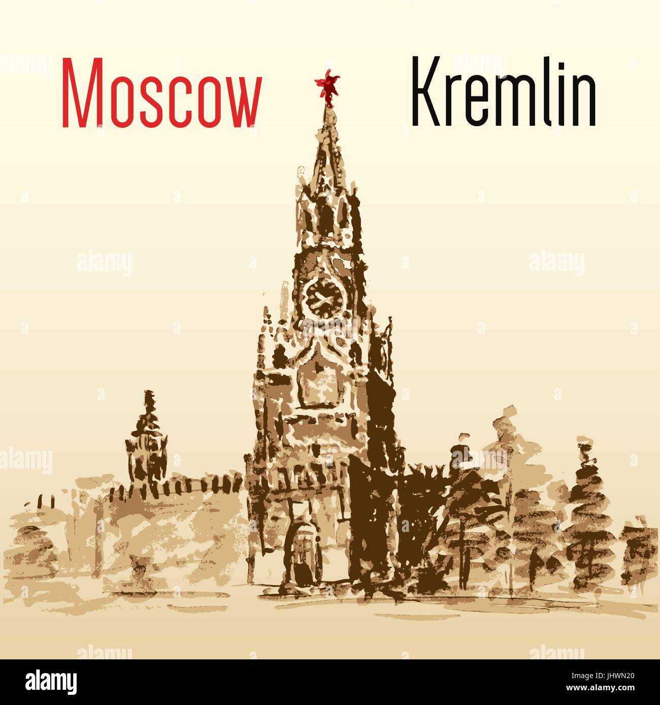Kremlin, Red Square, Moscow, Russia. Watercolor hand drawing, vector ...