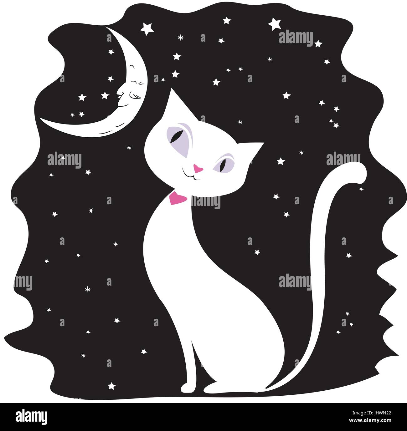 White cat on a black night sky, the stars and the moon,vector ...