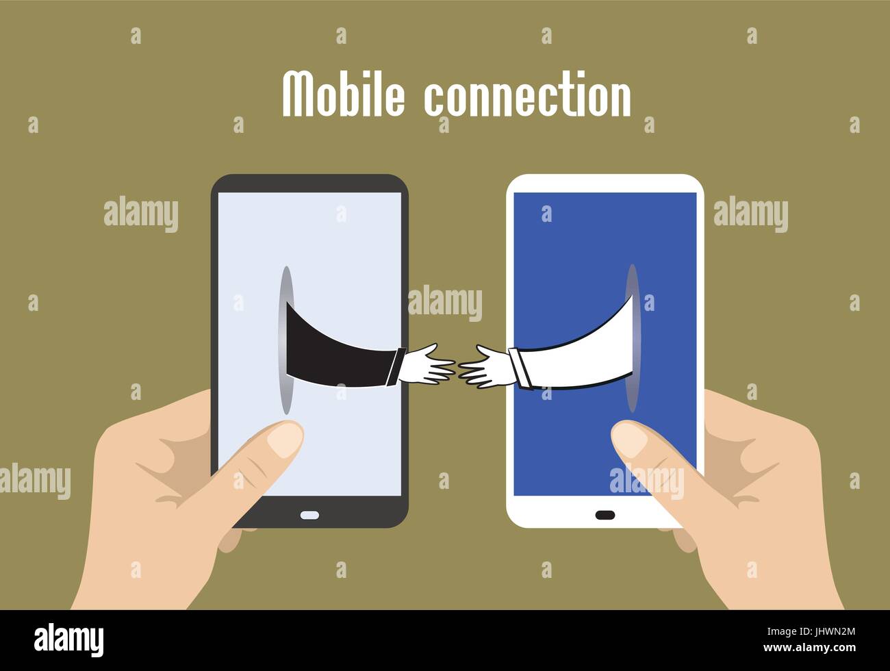 Two hands holding smart phones, hands toward each other, mobile phones ...