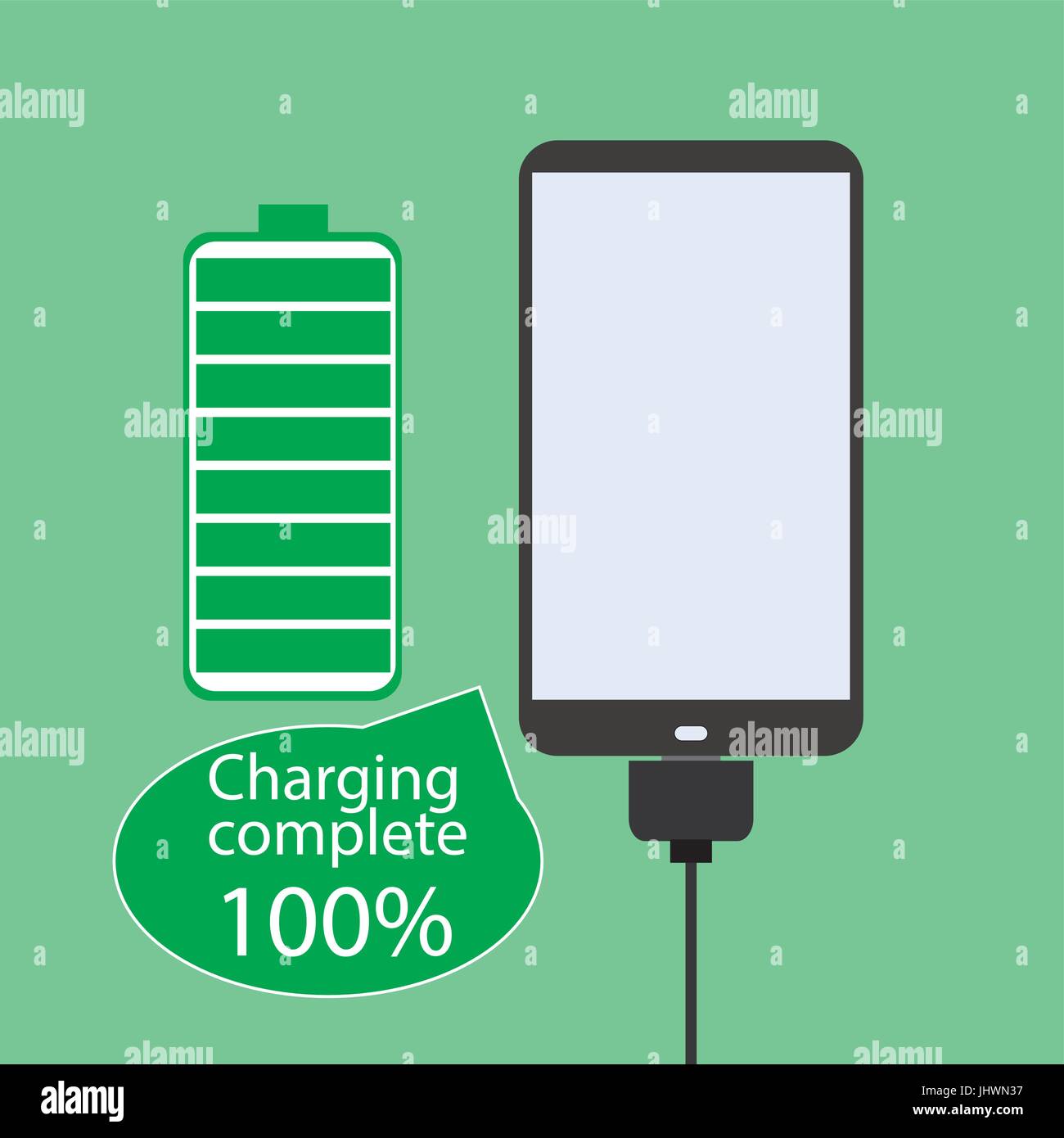 smartphone battery,the Charging complete. 100%, flat design, vector ...