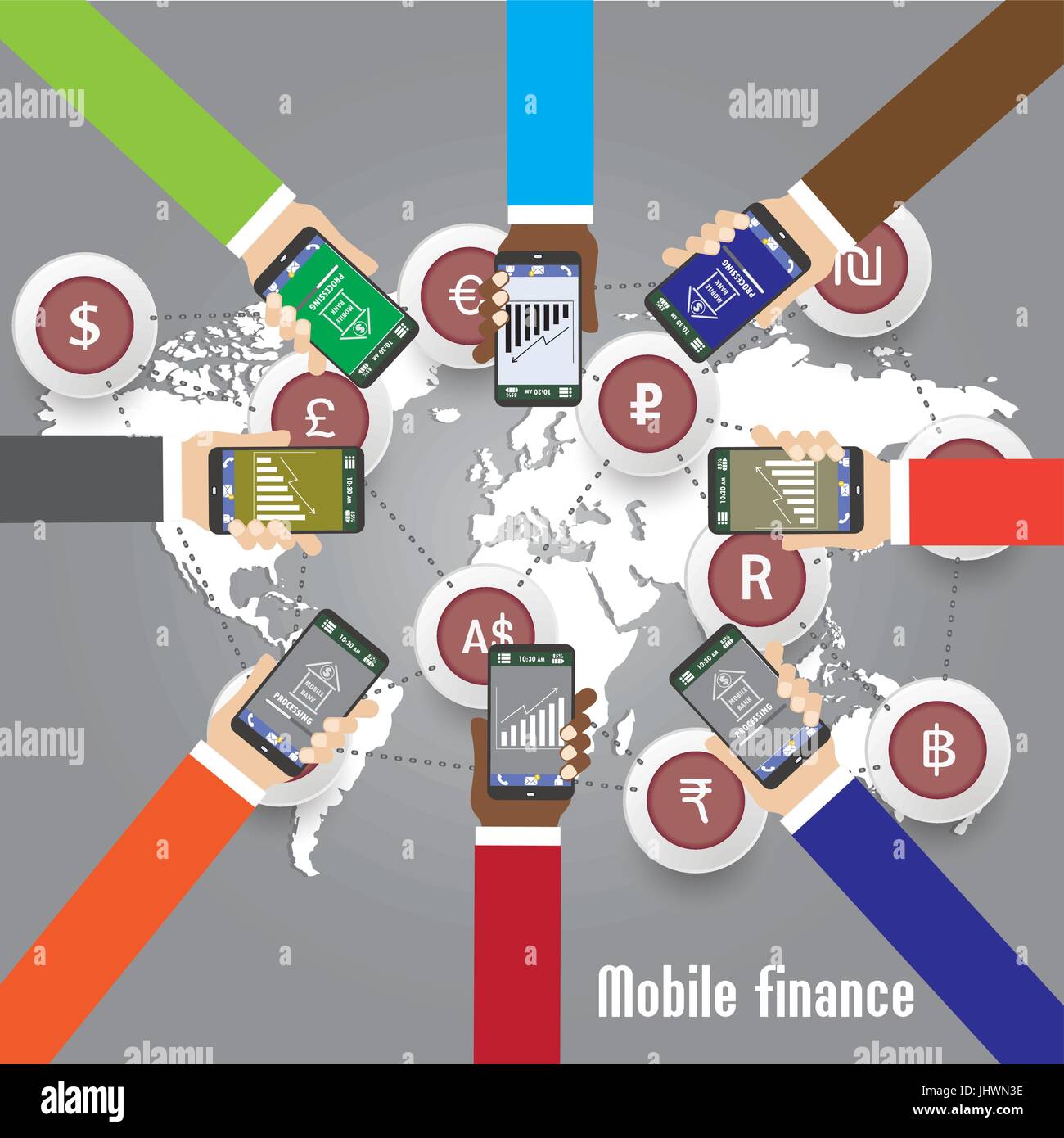 Many hands holding smart phones.Trade currency. Flat vector ...