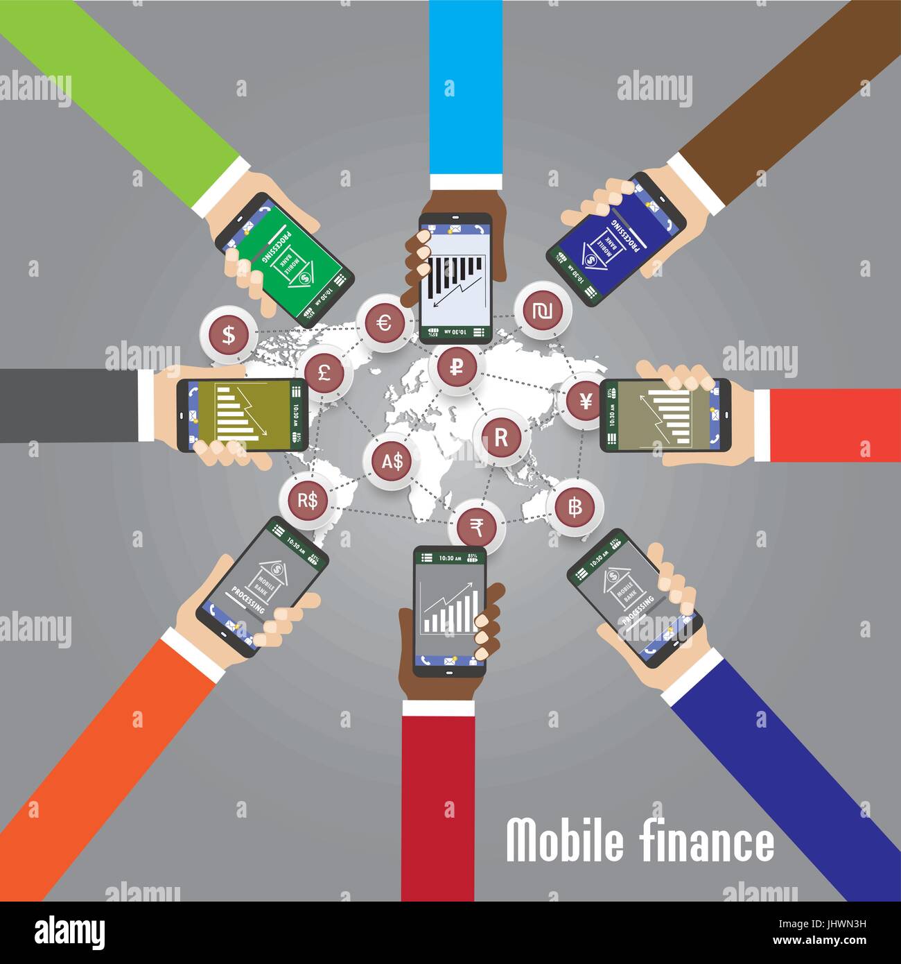 Many hands holding smart phones.Trade currency. Flat vector ...
