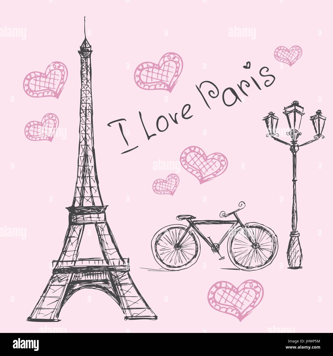 Vector hand drawn illustration with Paris symbols Stock Vector Image ...