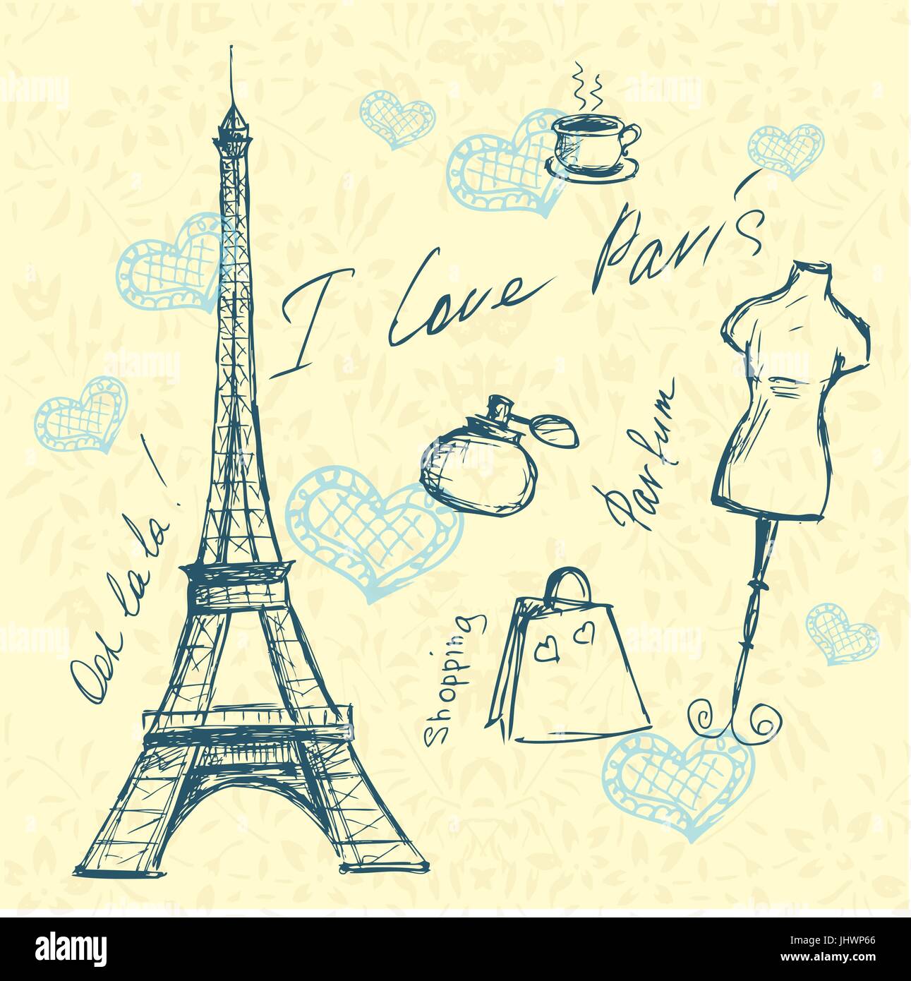 Vector hand drawn illustration with Paris symbols Stock Vector Image ...