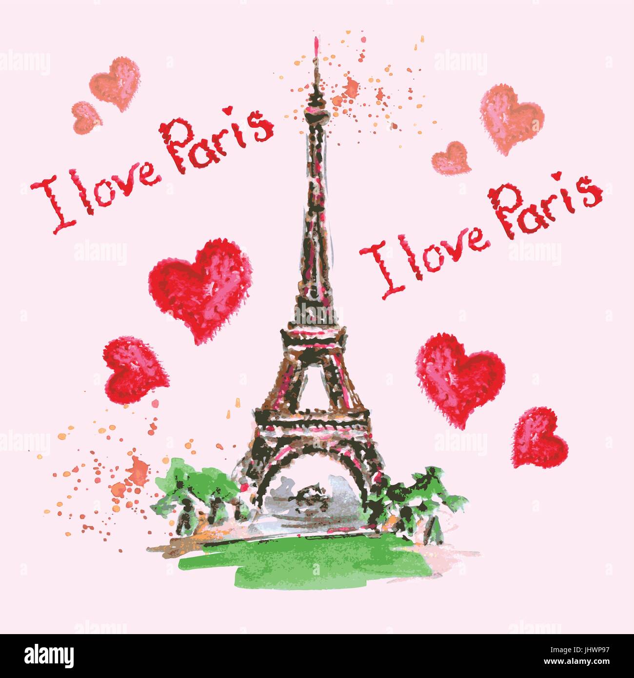 Love in Paris. Eiffel tower,lettering,pink hearts.Hand drawn watercolor ...