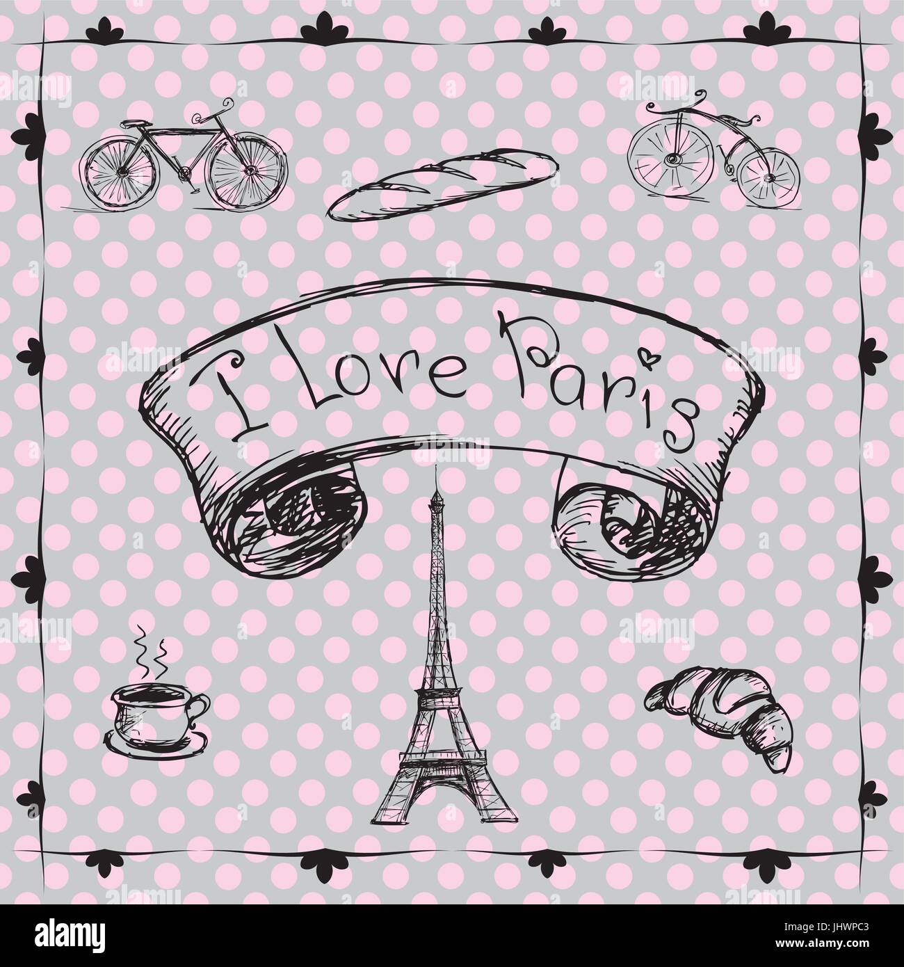 Vector hand drawn illustration with Paris symbols Stock Vector Image ...